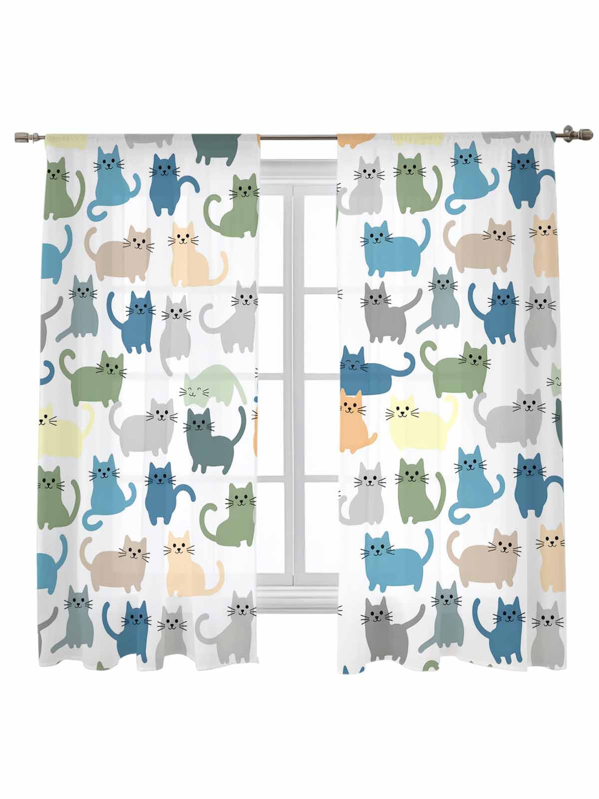 Cartoon Cat Sheer Curtains 2 Panels Set Colorful Simple Animal Modern ...