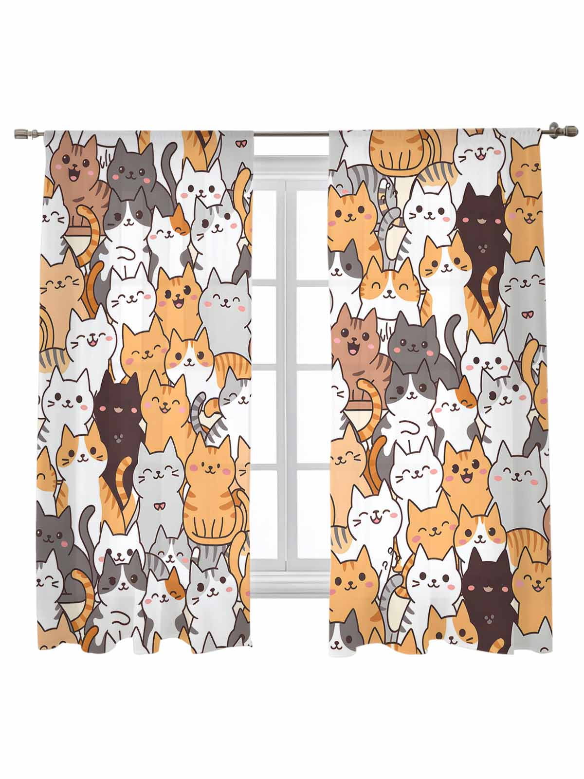 Cartoon Cat Sheer Curtains 2 Panels Set Cute Kitten Animal Modern Lihgt ...