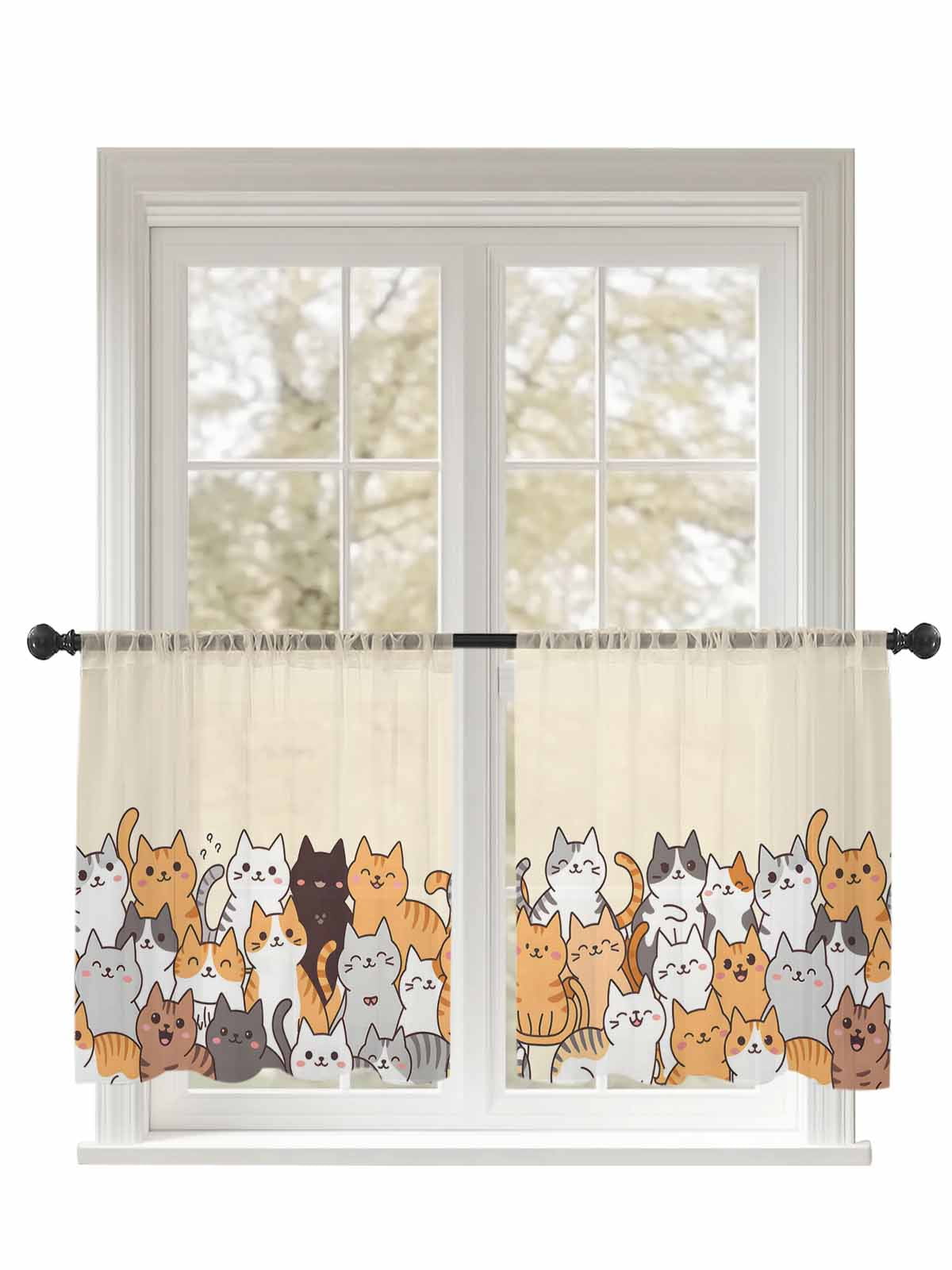 Cartoon Cat Sheer Curtains 2 Panels Set Cute Kitten Modern Animal Lihgt ...