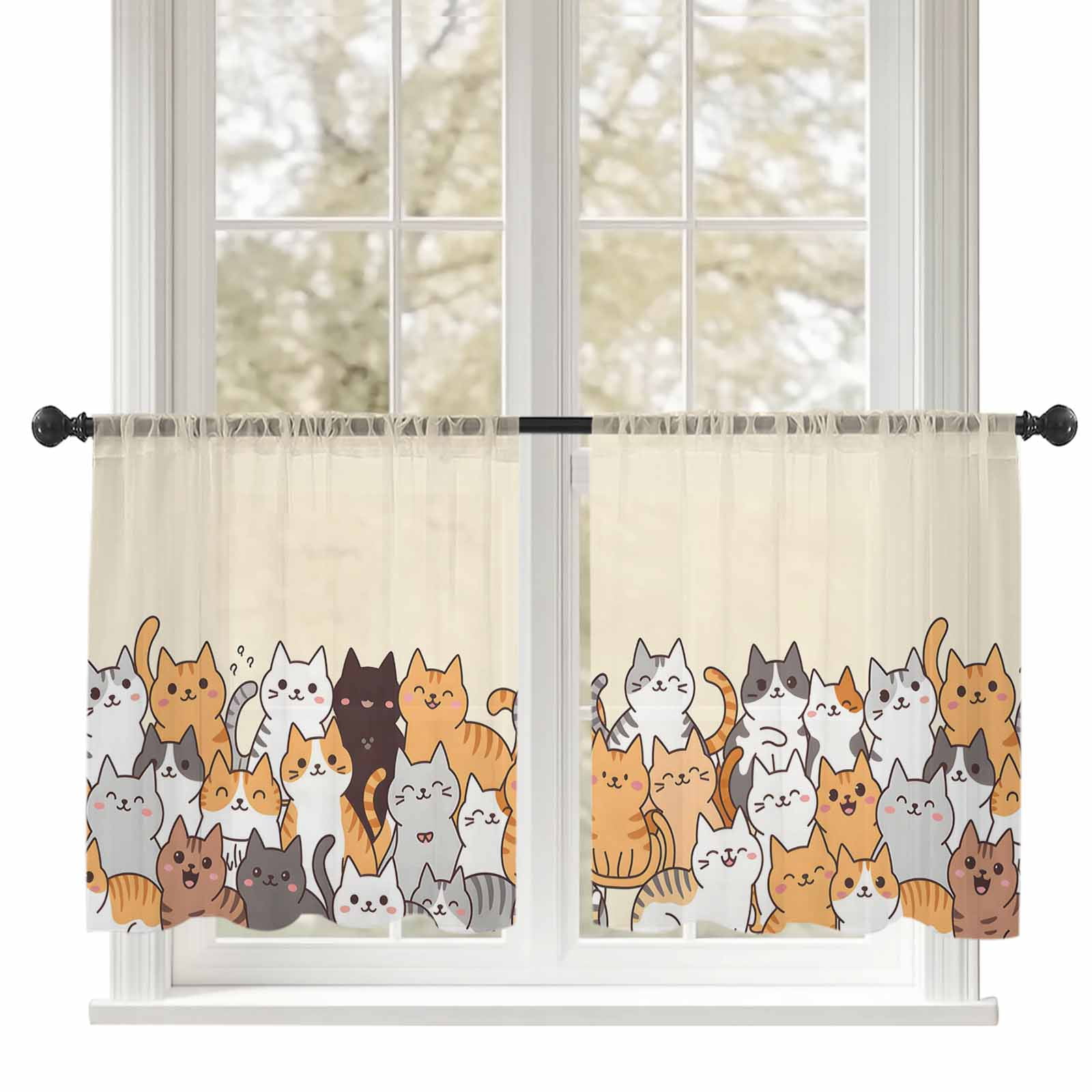 Cartoon Cat Sheer Curtains 45 inches Long, Cute Kitten Modern Animal ...
