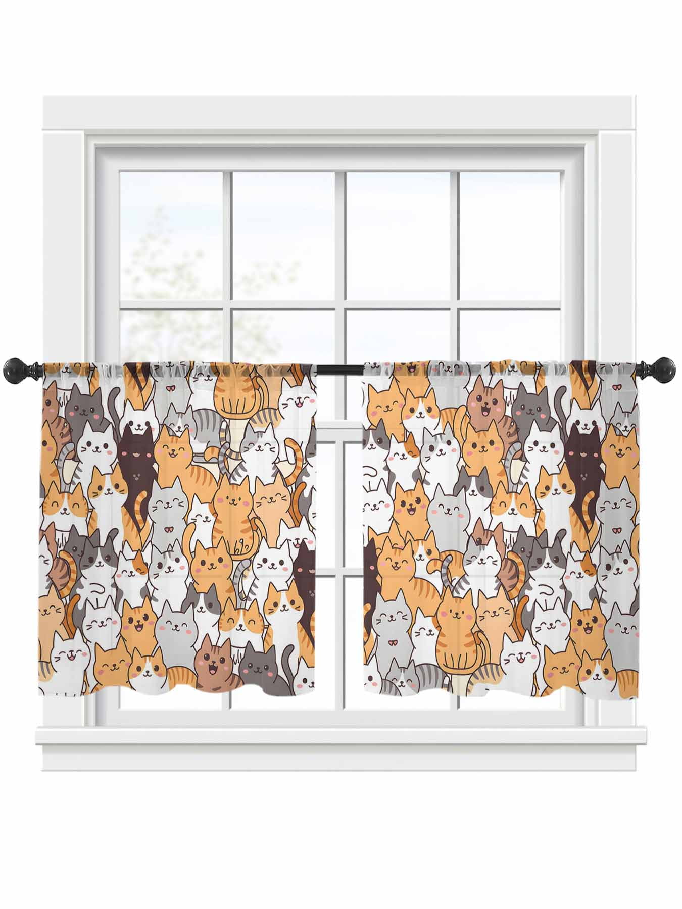 Cartoon Cat Sheer Curtains 54 Inch Length 2 Panels Set, Semi ...