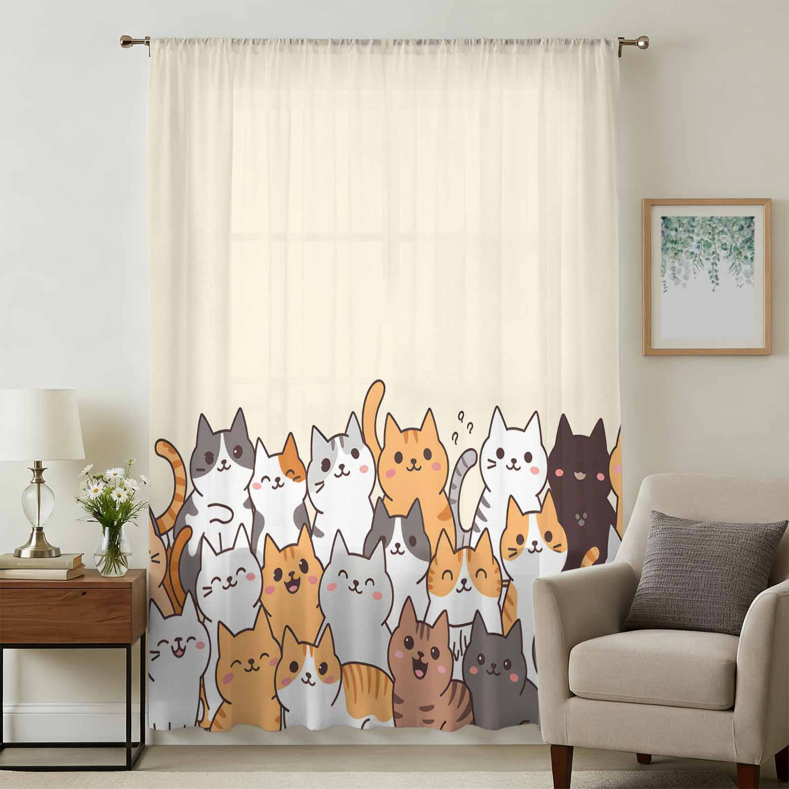 Cartoon Cat Sheer Curtains 54 Inches Long, Modern Simple Funny Cute ...