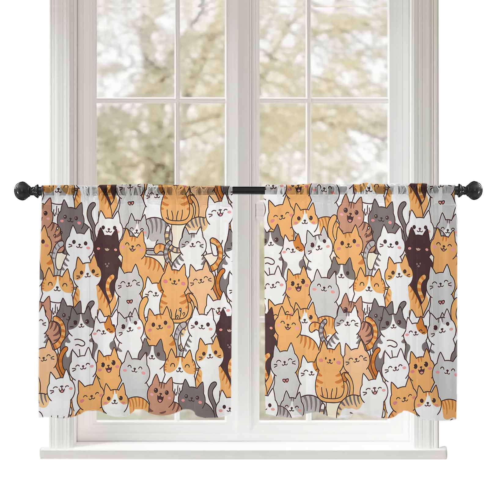 Cartoon Cat Sheer Curtains 54 inches Long, Cute Kitten Animal Modern ...