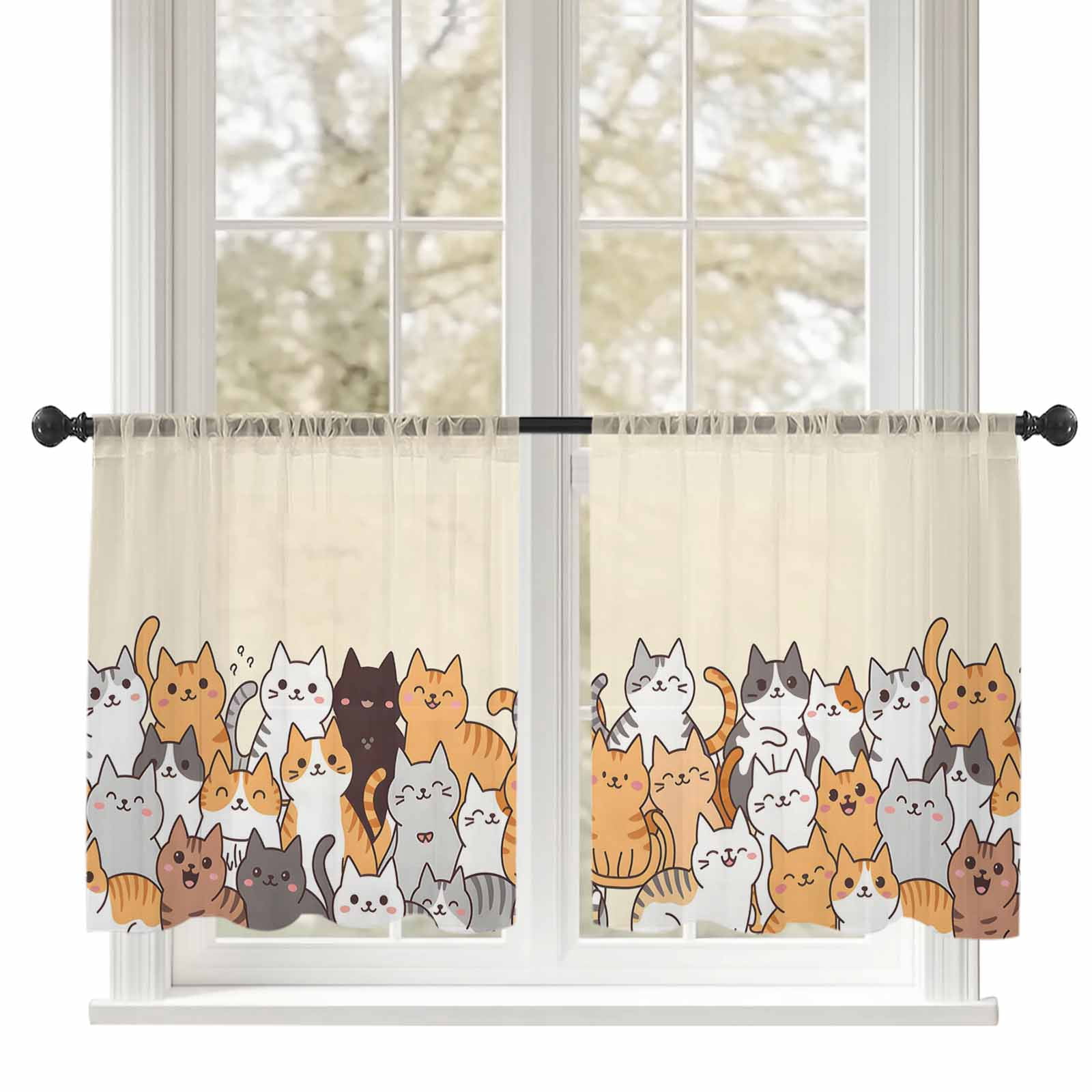 Cartoon Cat Sheer Curtains 54 inches Long, Cute Kitten Modern Animal ...
