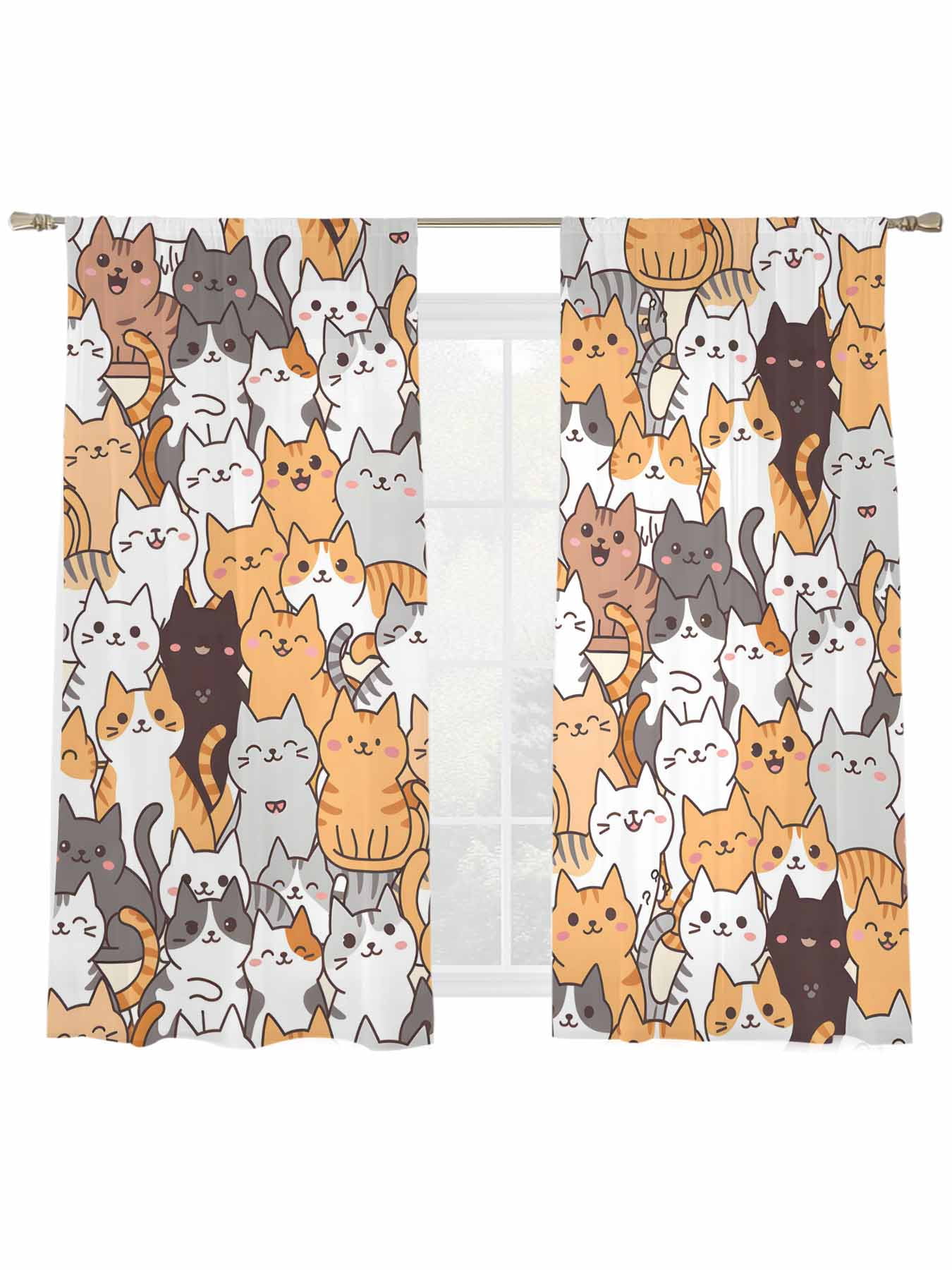 Cartoon Cat Sheer Curtains 63 Inch Length 2 Panels Set, Semi ...