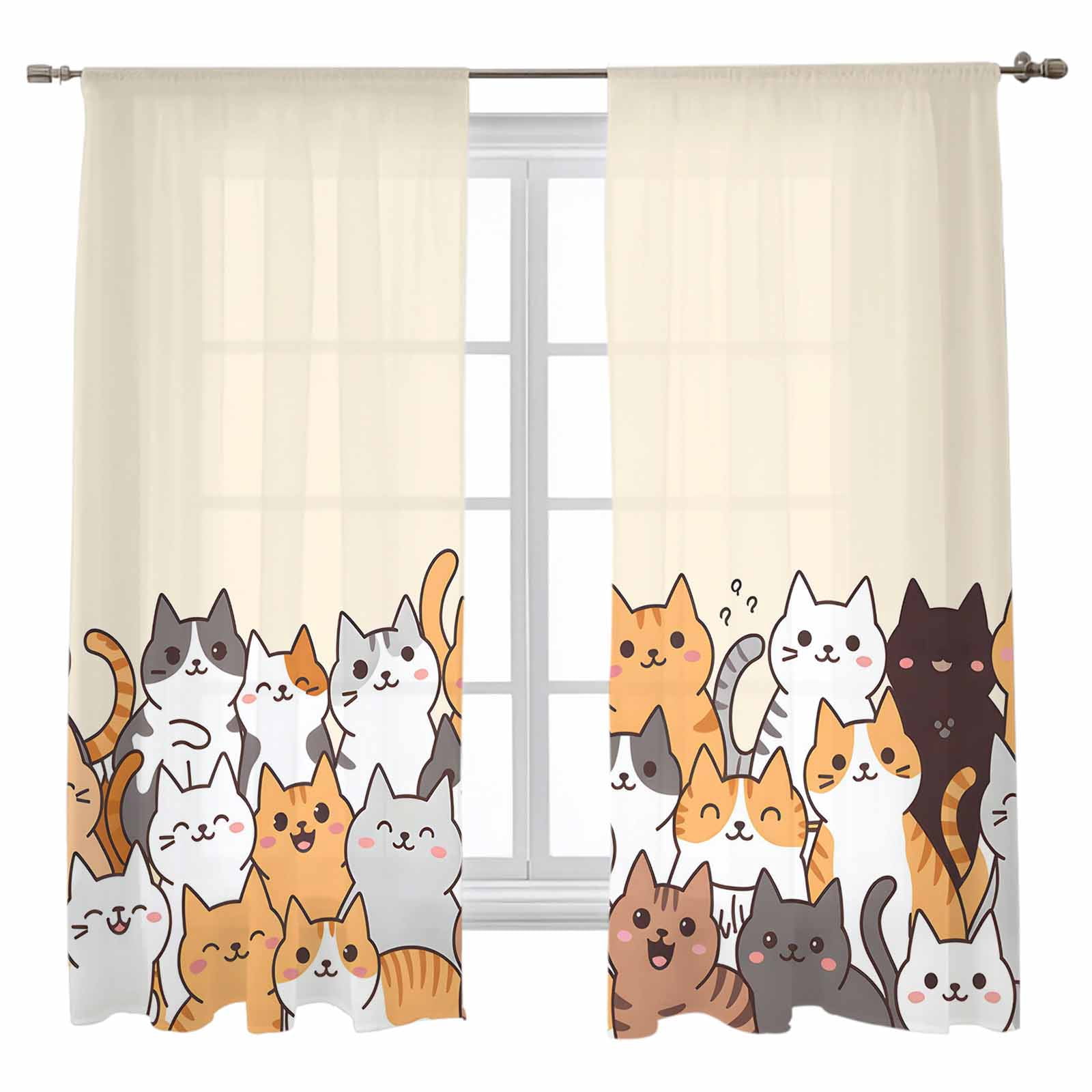 Cartoon Cat Sheer Curtains 63 inches Long, Cute Kitten Modern Animal ...