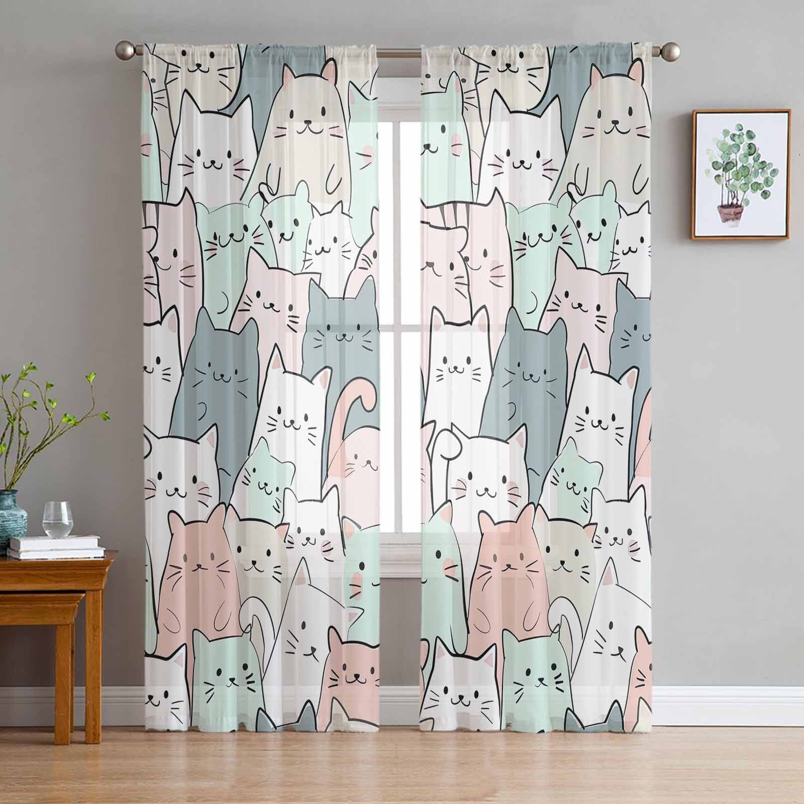Cartoon Cat Sheer Curtains 72 Inches Long 2 Panels Set, Window Sheer ...