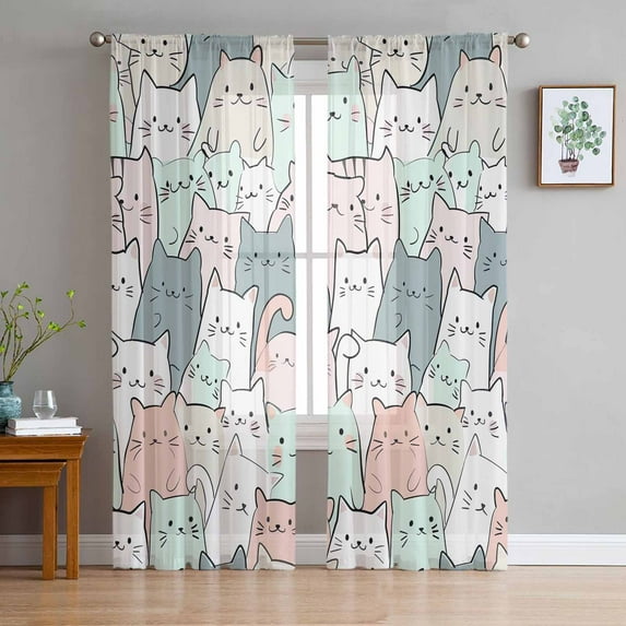 Cartoon Cat Sheer Curtains 72 Inches Long 2 Panels Set, Window Sheer ...