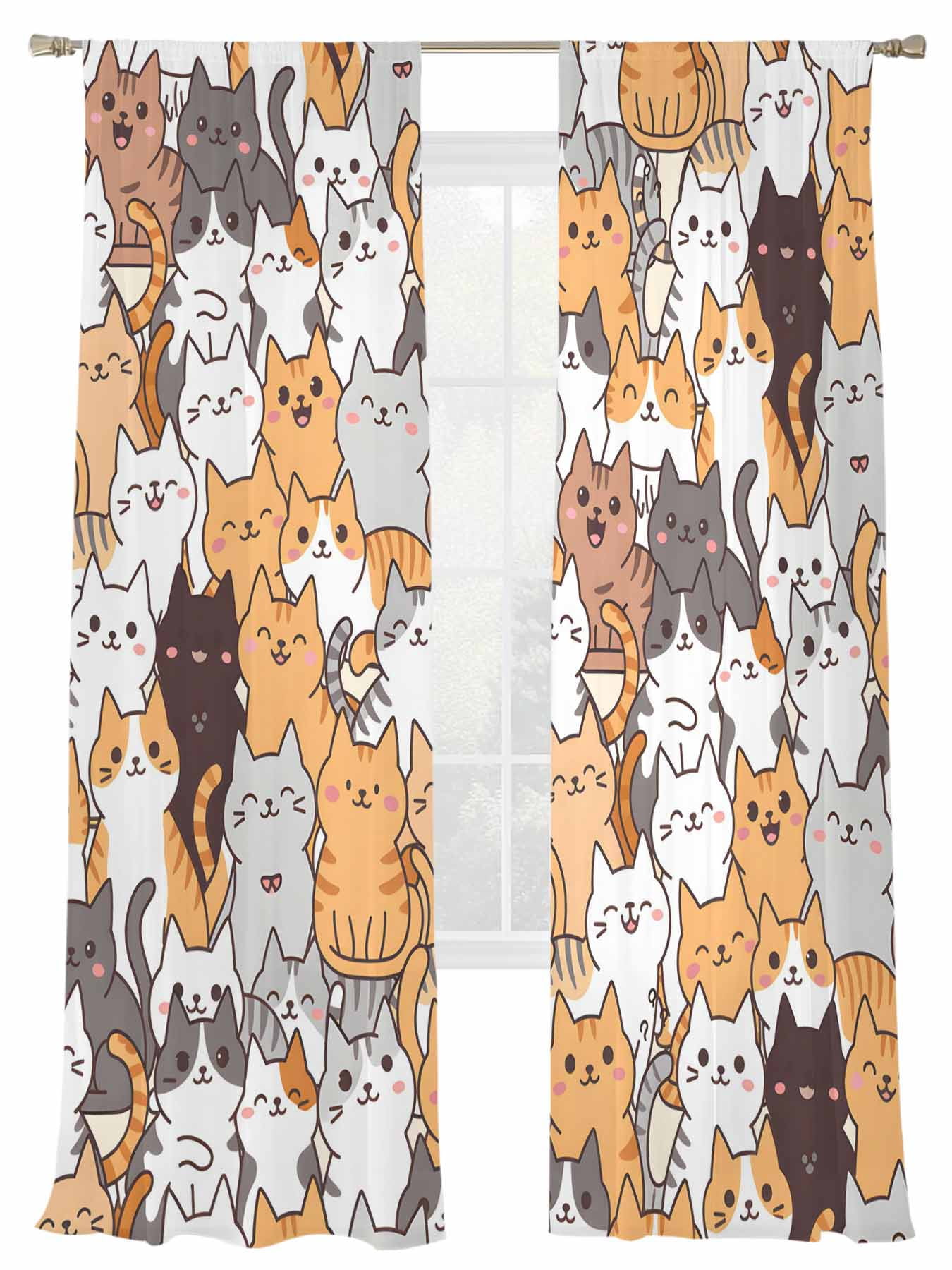 Cartoon Cat Sheer Curtains 84 Inch Long 2 Panels, Cute Kitten Animal ...