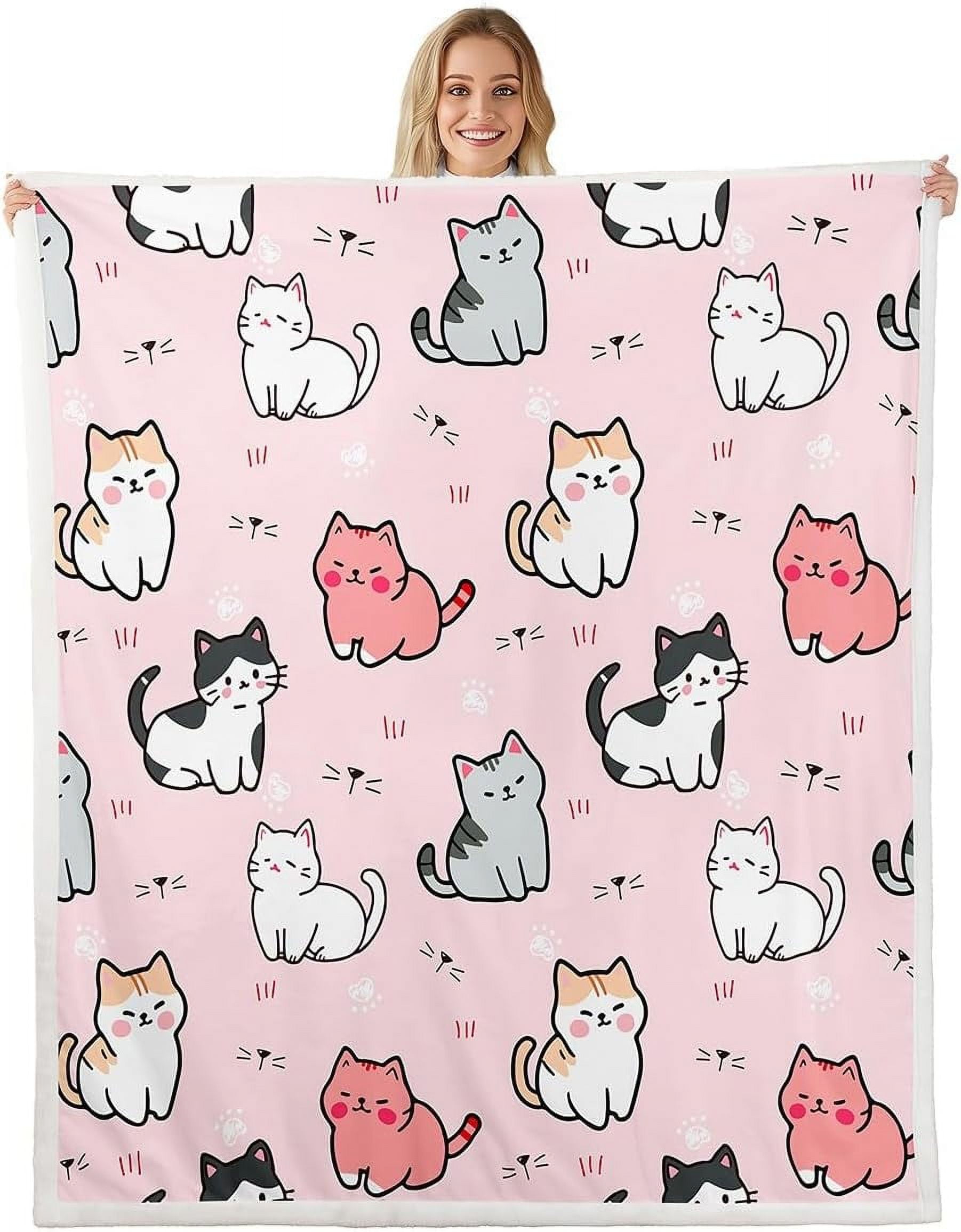 Cartoon Cat Sherpa Blanket,Cute Kitten Print Blanket for Kids Boys ...