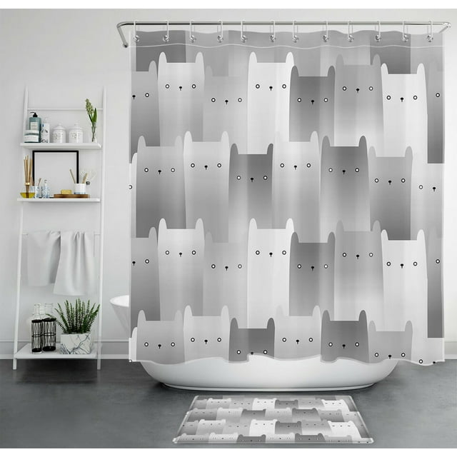 Cartoon Cat Shower Curtain Off-white Animals Cute Kitten Bathroom ...