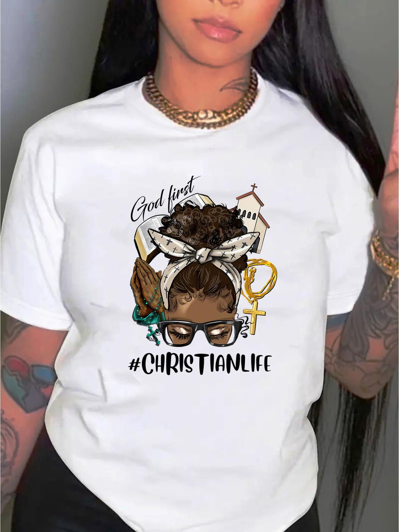 Cartoon Cat & Slogan Print Comfy T-Shirt, Round Neck Short Sleeve ...