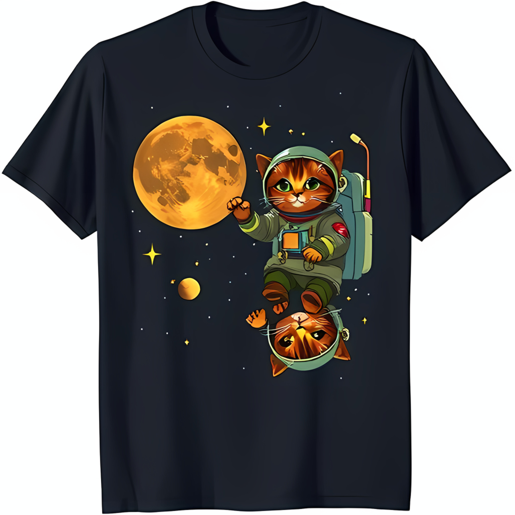 Cartoon Cat T-Shirt Cute Space Design with Rocket & Moon Blue Tee ...