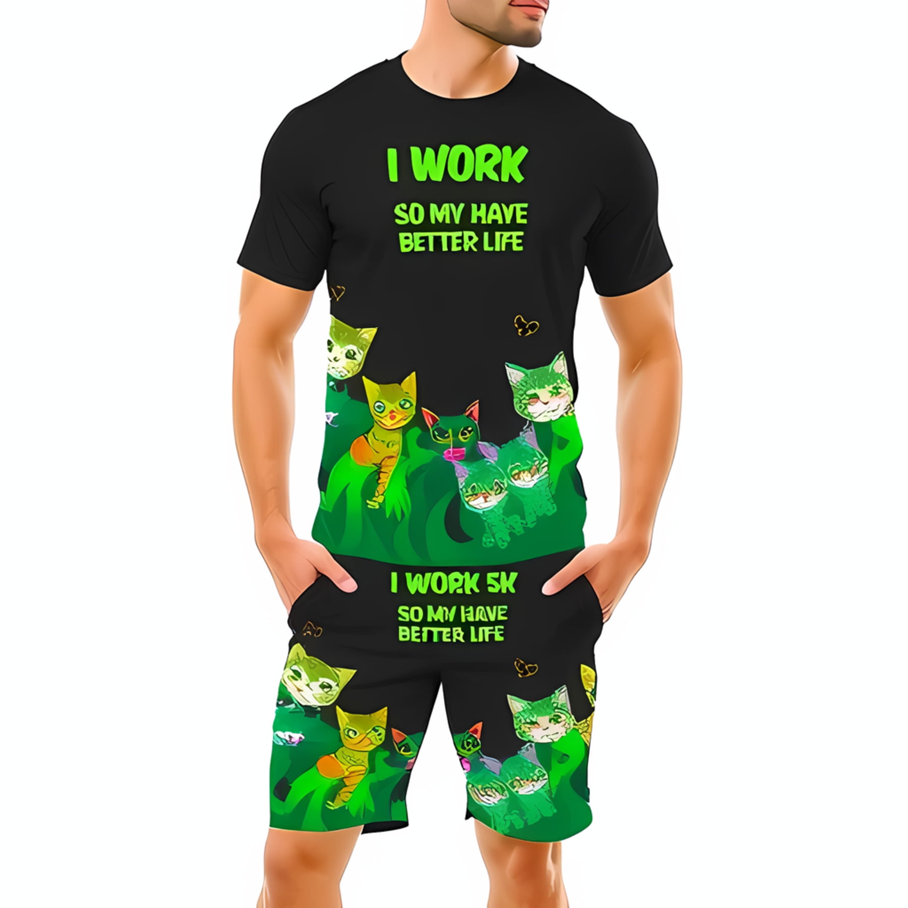 Cartoon Cat T-Shirt & Shorts Set - Green Flames & Witty " I WORK SO MY ...