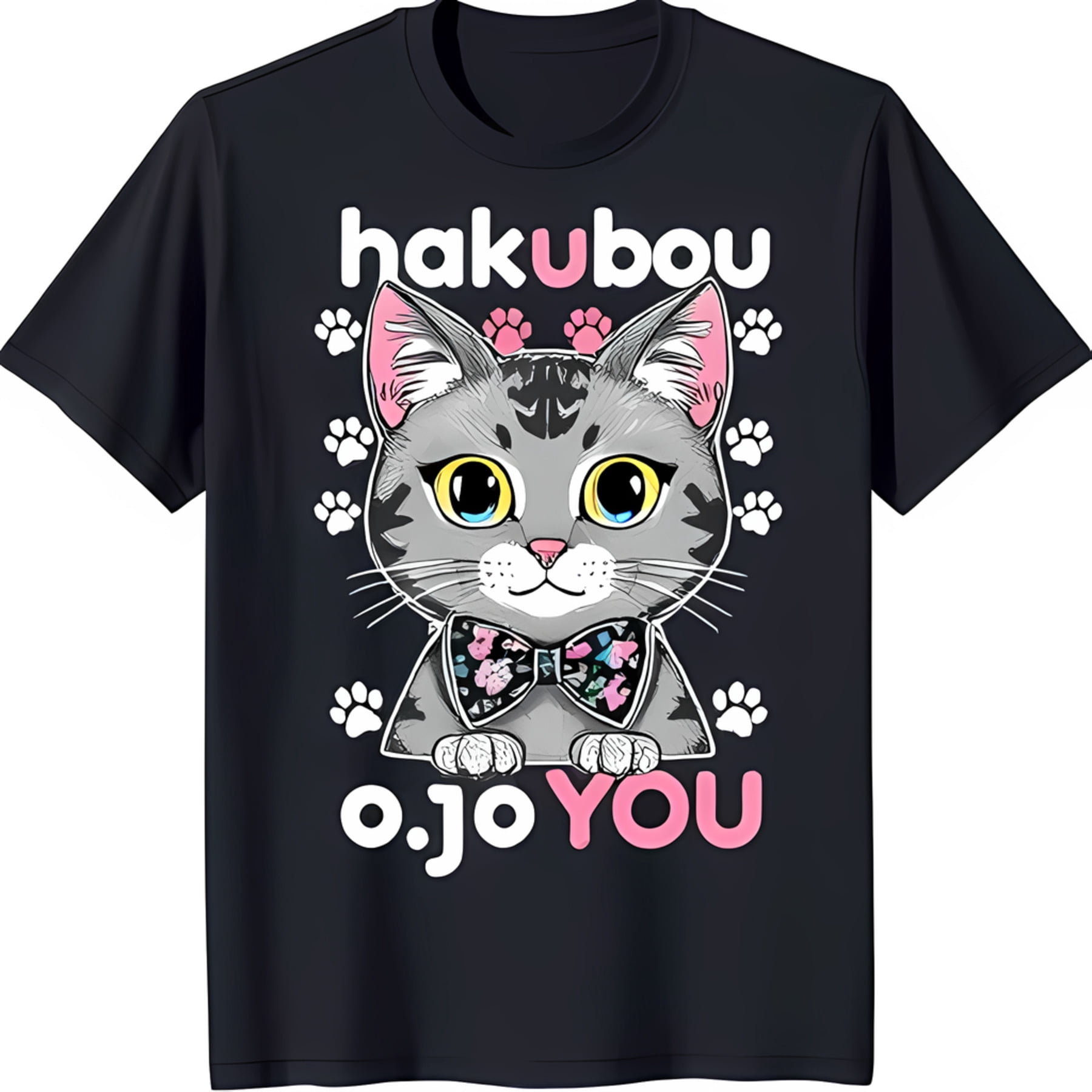 Cartoon Cat T-Shirt with Flower Bow Tie Grey Cat Design Pink 'Hakubou ...