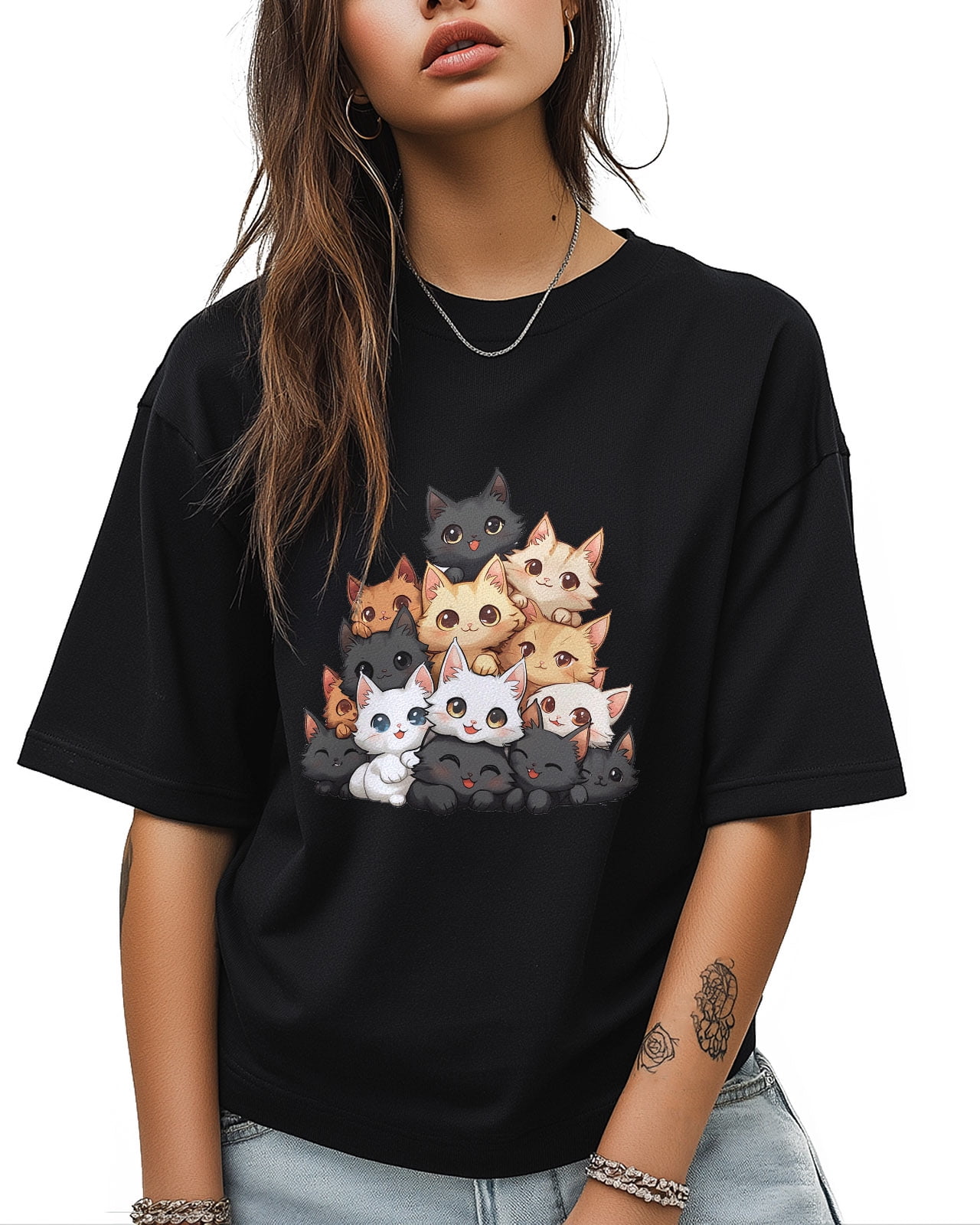 Cartoon Cat T Shirts for Women Short Sleeve Cotton Crewneck T-Shirt ...