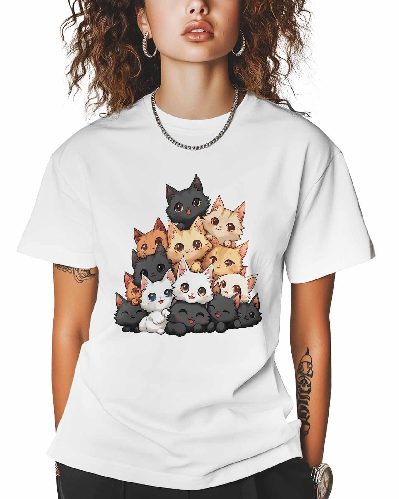 Cartoon Cat T Shirts for Women Short Sleeve Cotton Crewneck T-Shirt ...