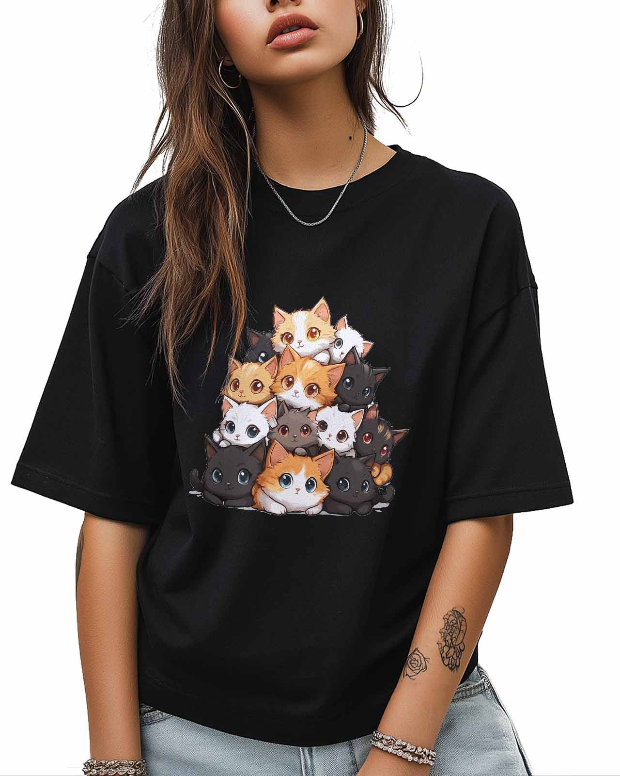 Cartoon Cat T Shirts for Women Short Sleeve Cotton Crewneck T-Shirt ...