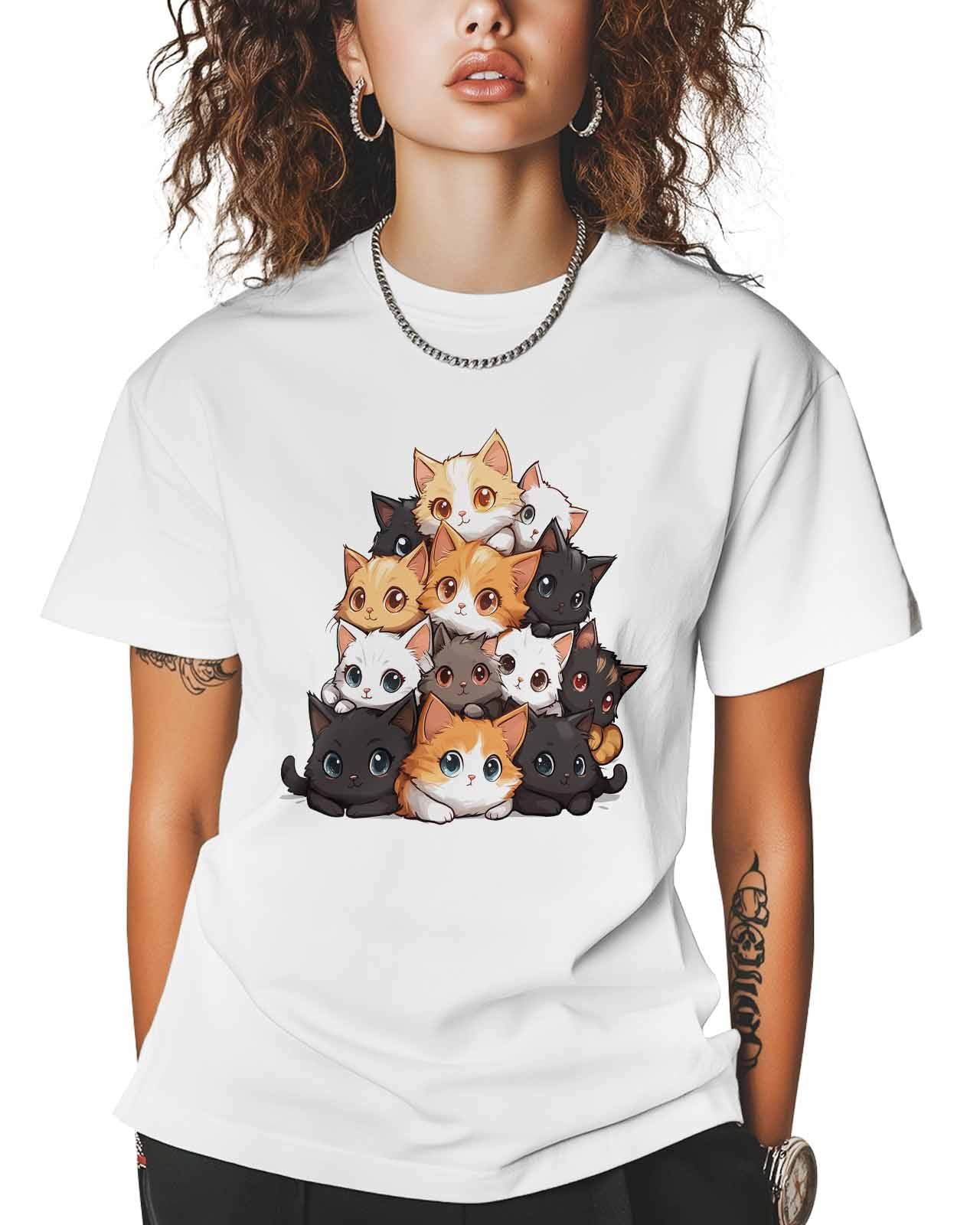 Cartoon Cat T Shirts for Women Short Sleeve Cotton Crewneck T-Shirt ...