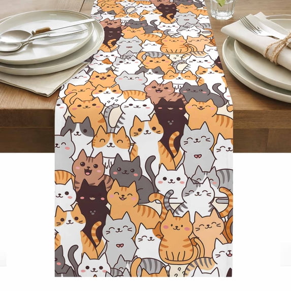 Cartoon Cat Table Runner 13 x 90 Inch, Cute Kitten Washable Cotton ...