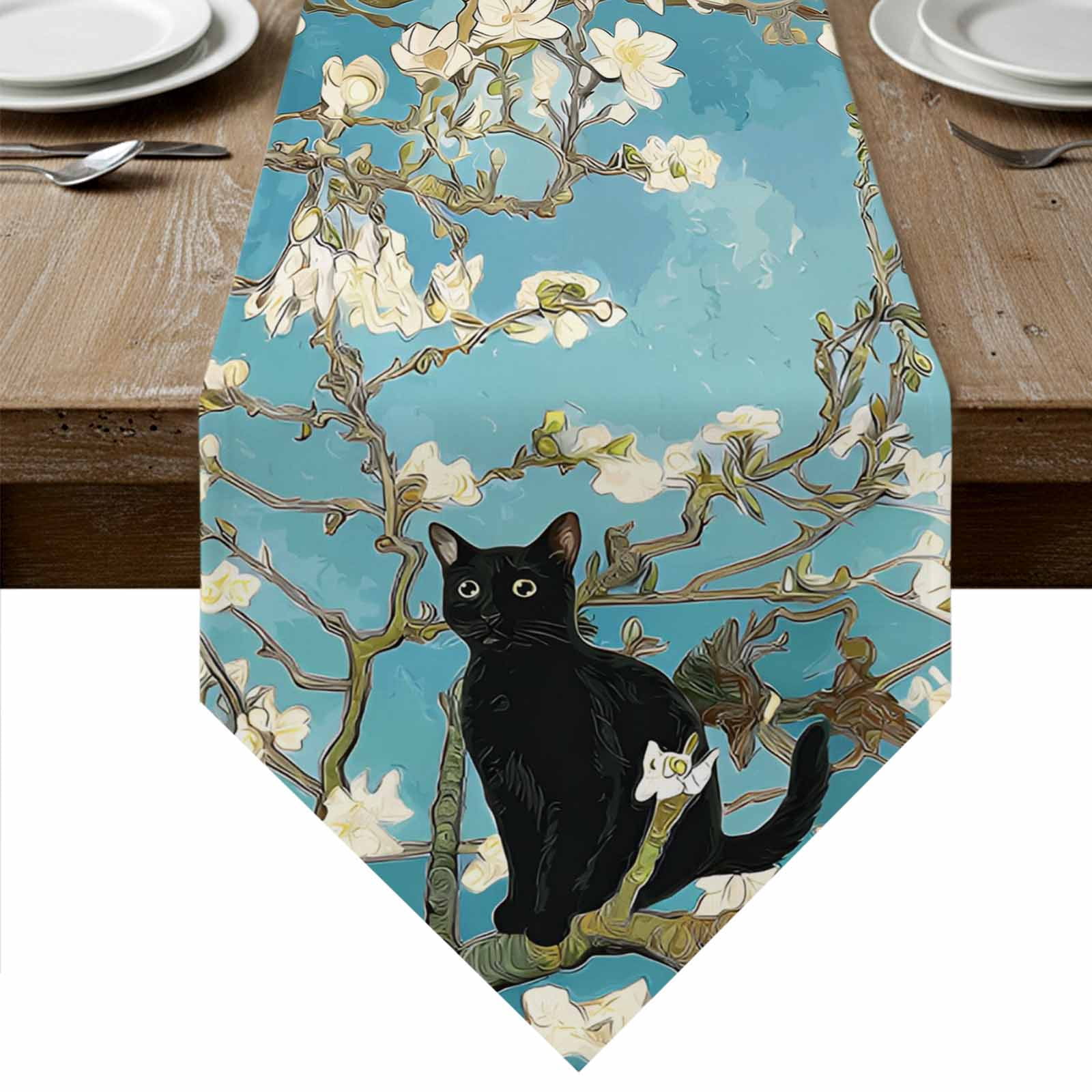 Cartoon Cat Table Runner Linen Burlap Table Runner 108 Inches Long ...