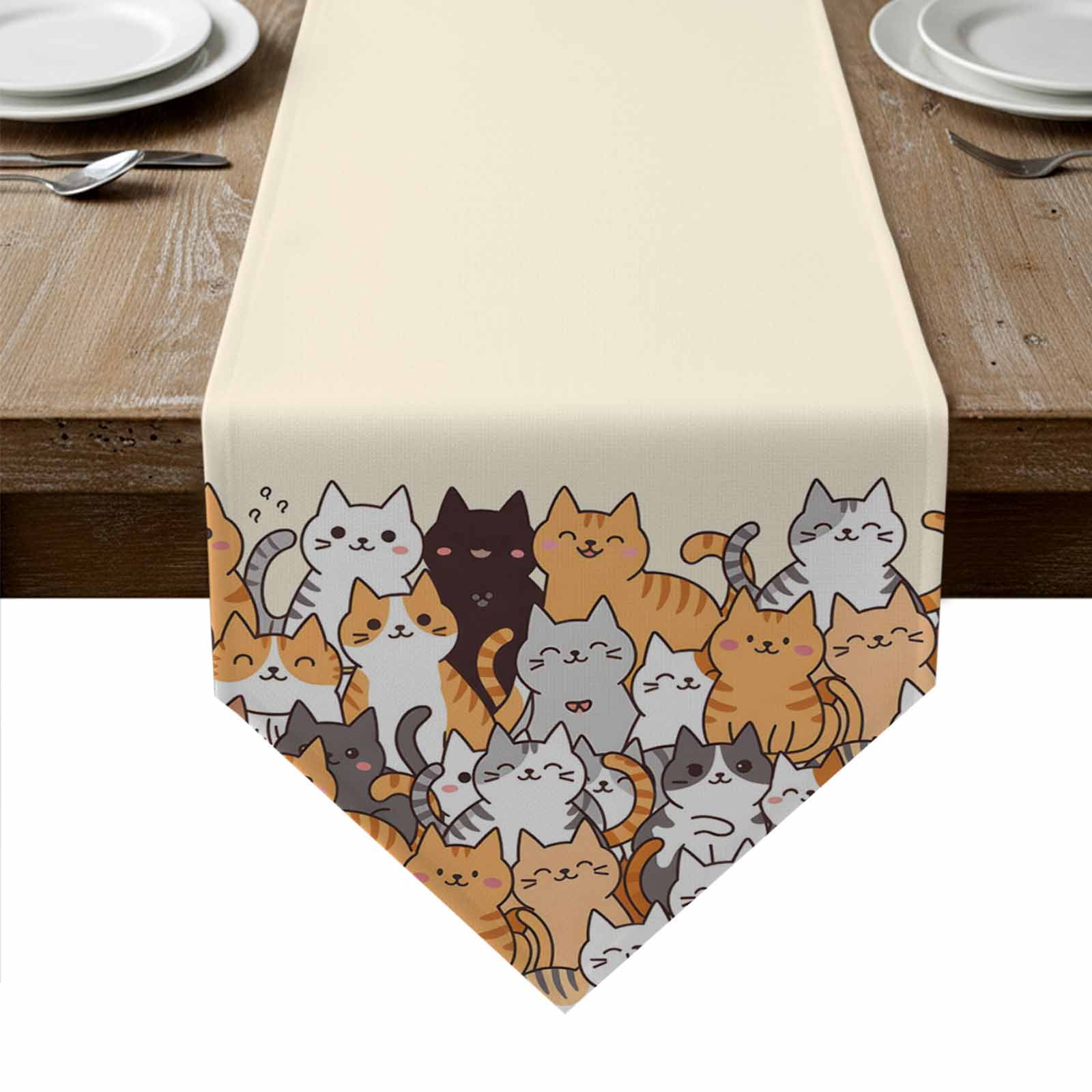 Cartoon Cat Table Runner Linen Burlap Table Runner 120 Inches Long ...