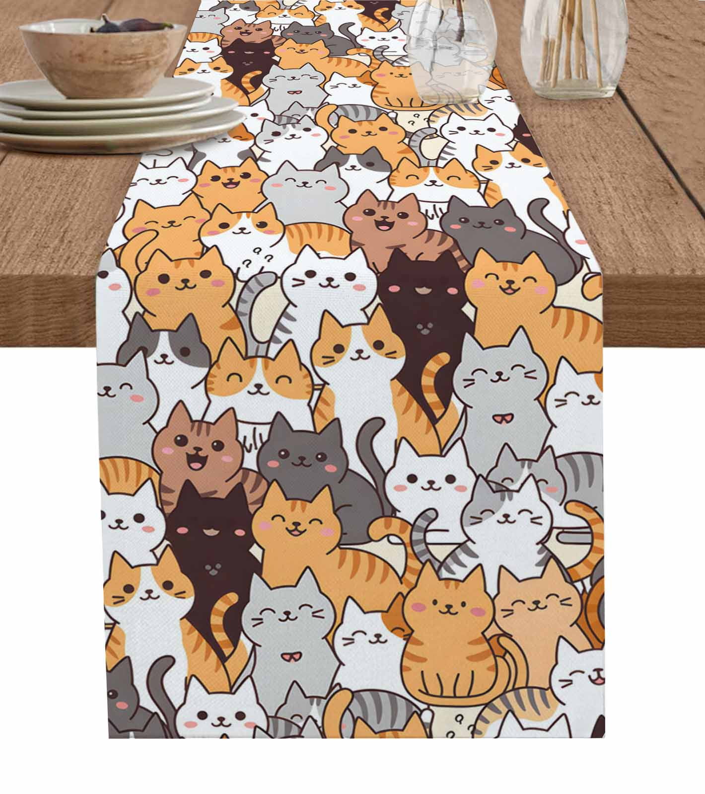 Cartoon Cat Table Runner Modern Funny Cute Orange Gray Animals ...