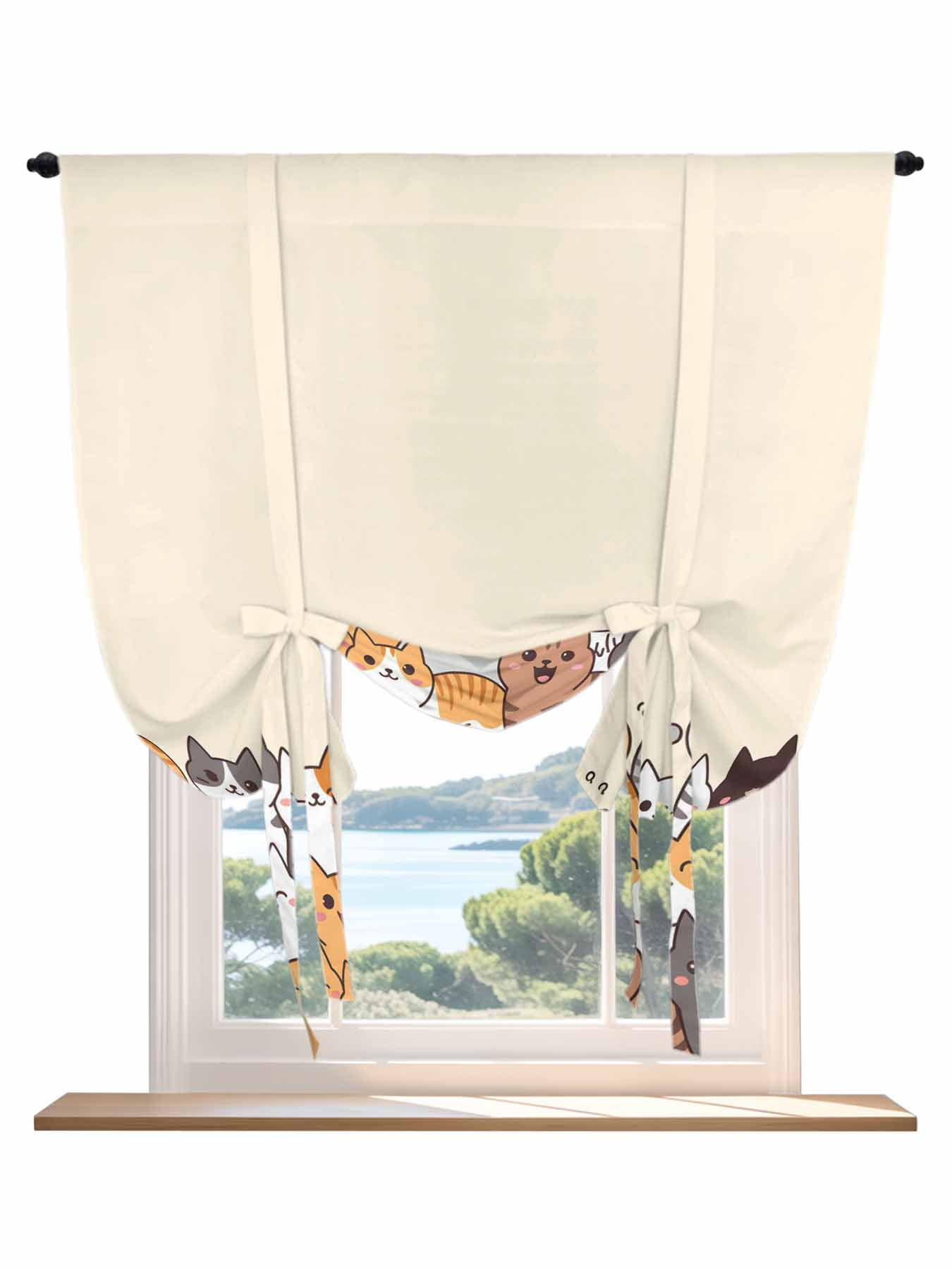 Cartoon Cat Tie Up Curtains for Windows 63 Inch Length Balloon Curtains ...