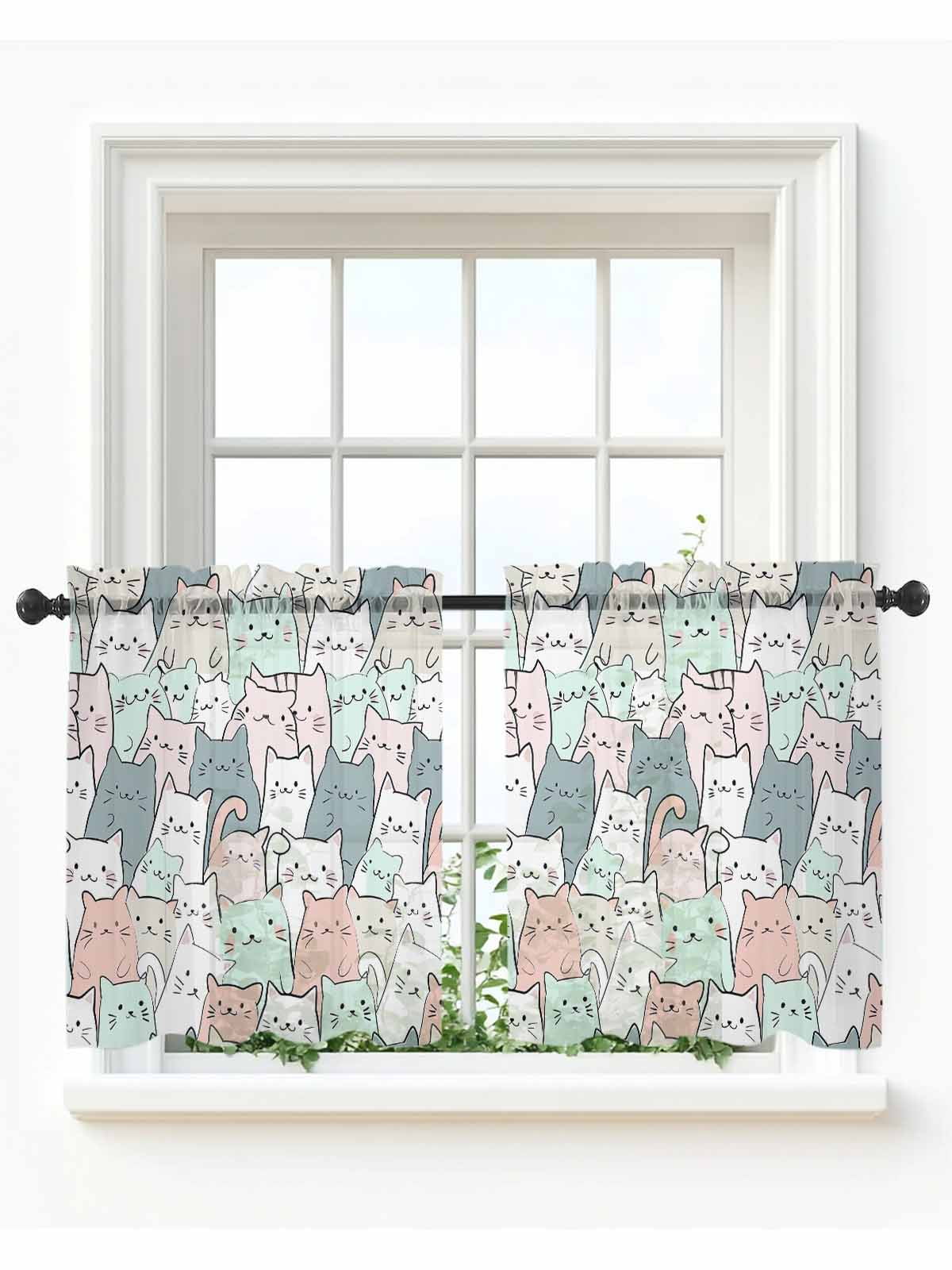 Cartoon Cat Tier Curtains 24 Inch Length, Sheer Curtains for Bedroom ...