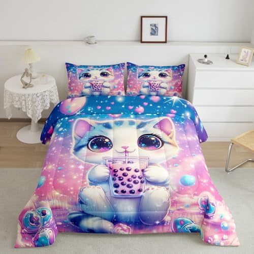 Cartoon Cat Twin Size Comforter Sets for Kids Girls Teens,Watercolor ...