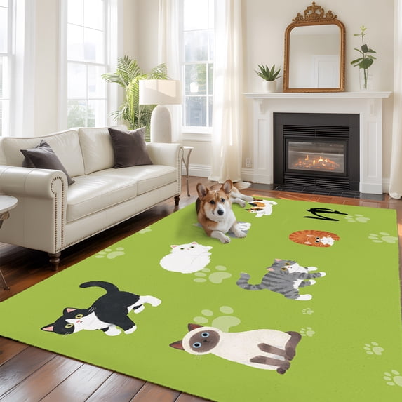 Cartoon Cat Washable Area Rug 5x7 Modern Playful Orange Gray Animal ...