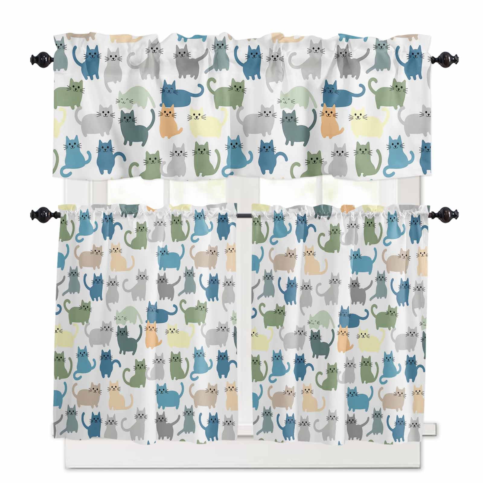 Cartoon Cat Window Curtains Valance Set of 3 Colorful Simple Animal ...