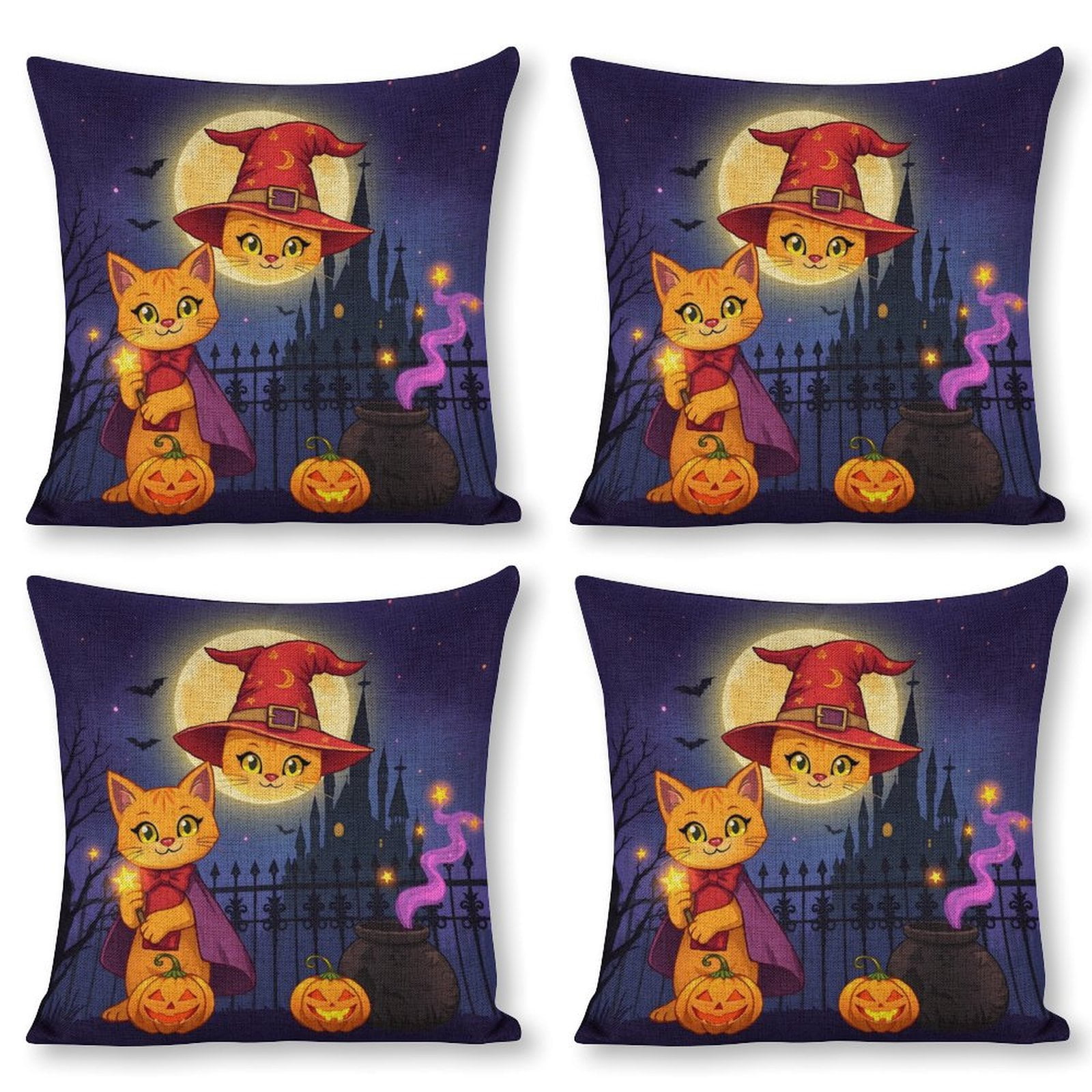 Cartoon Cat Witch Halloween Illustration Linen toss pillowcase ...