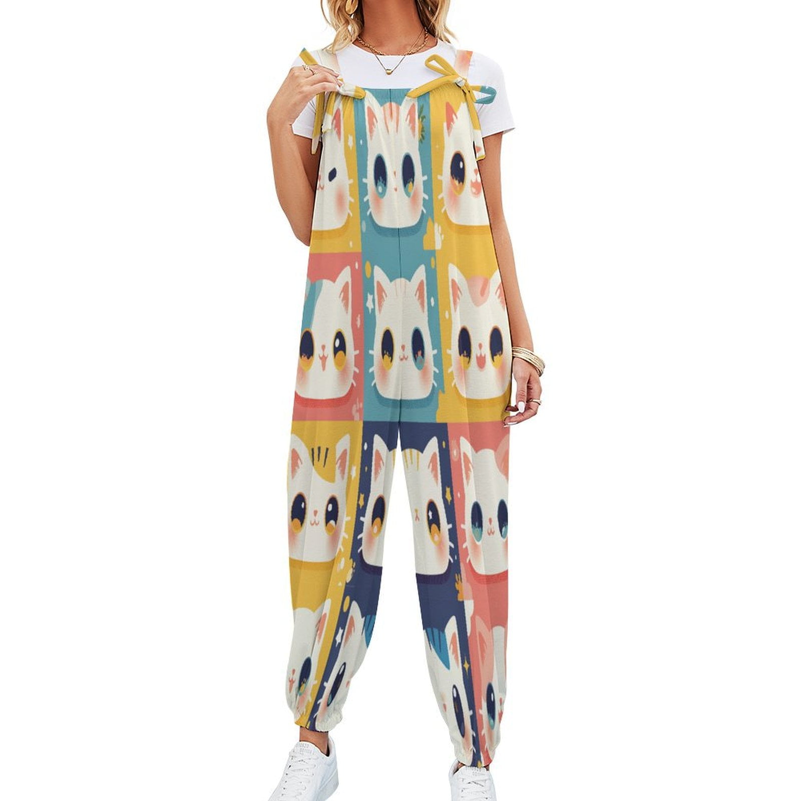 Cartoon Cat Womens Casual Sleeveless Wide Leg Baggy Overalls Romper ...