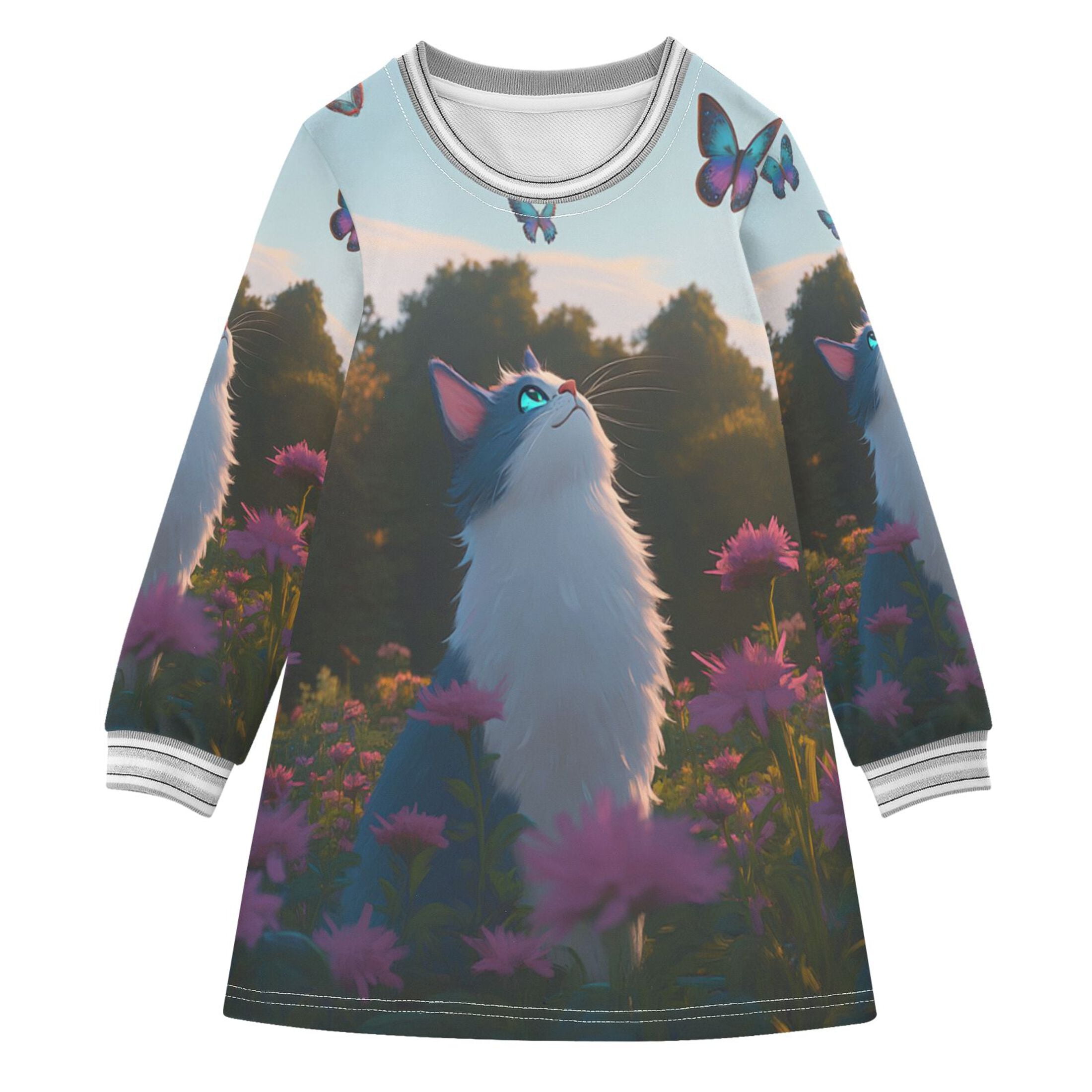 Cartoon Cat and Butterflies Girls'long-sleeved dress Thickened A-dress ...