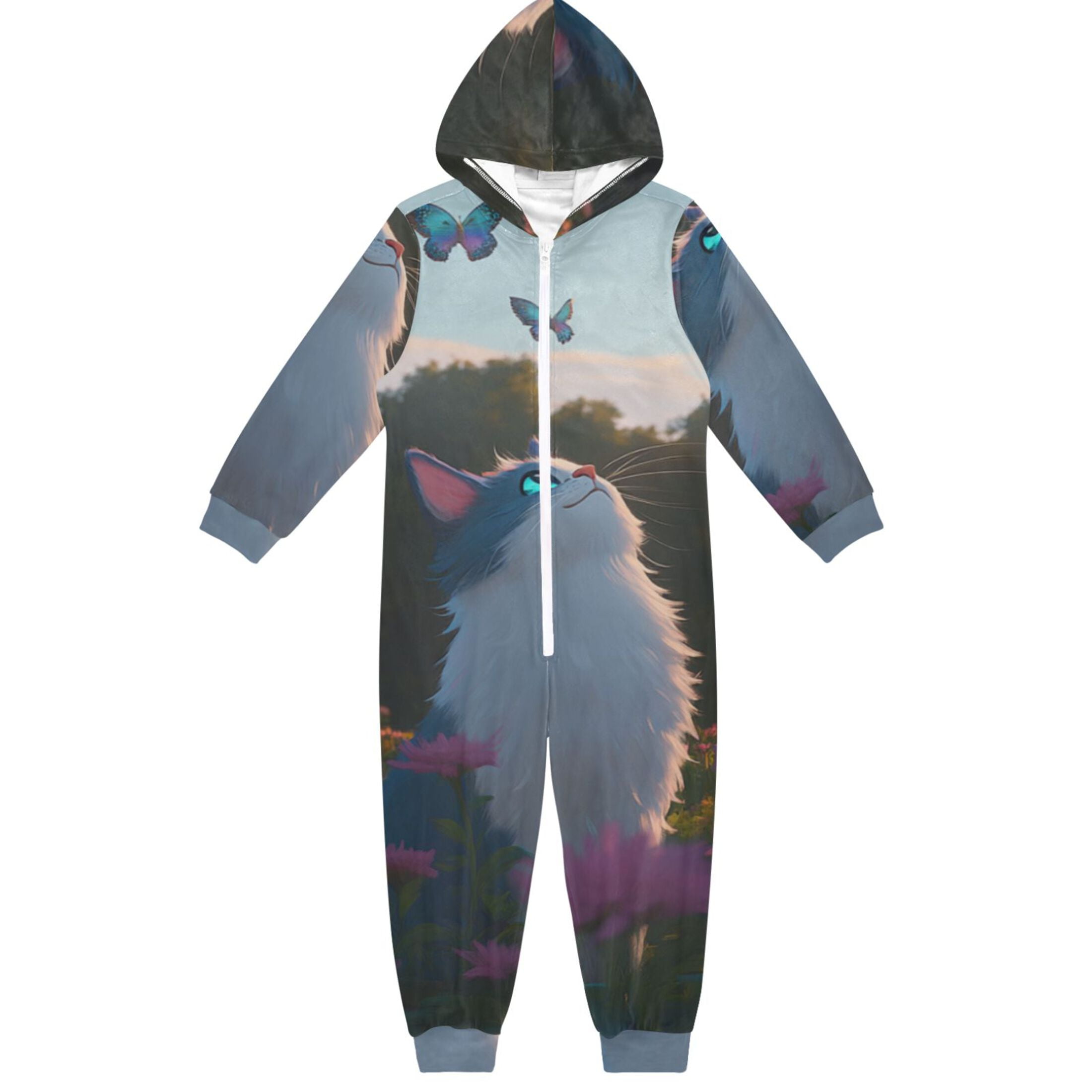 Cartoon Cat and Butterflies One Piece Pajamas Soft Jumpsuit Cozy Sleep and Play Romper Zipper ...