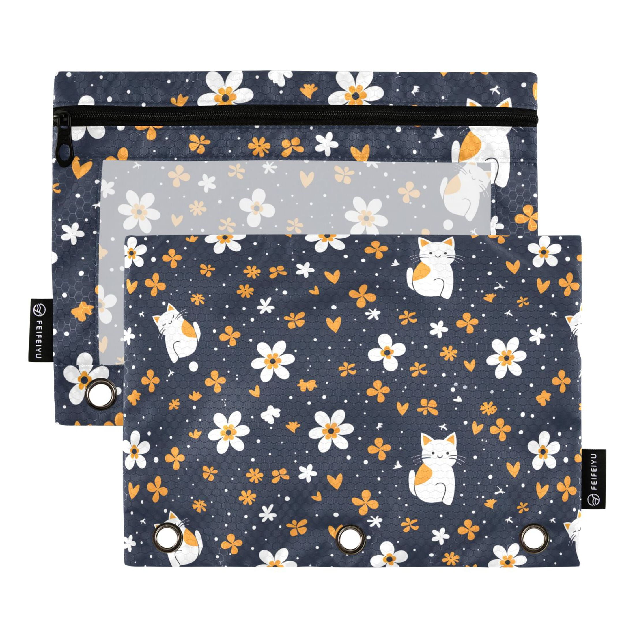 Cartoon Cat and Flower 2 Pack Pencil Pouch for 3 Ring Binder Smooth ...