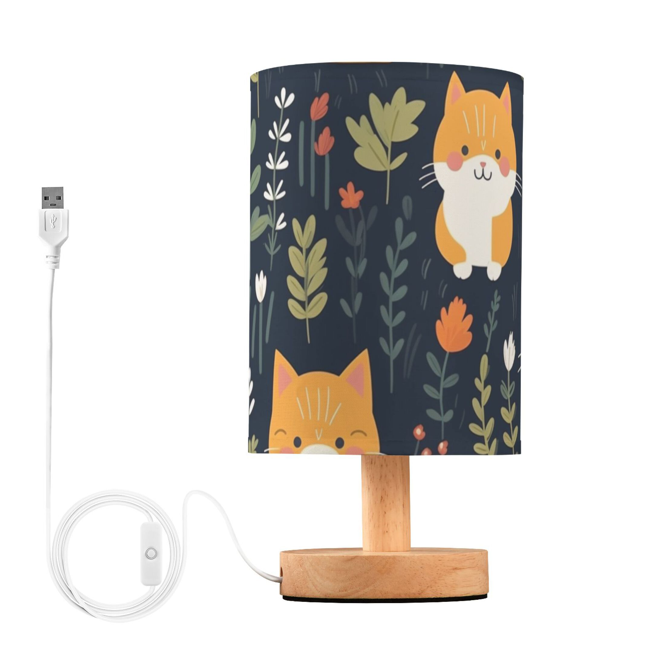 Cartoon Cat and Leaves Bedside Table Lamp LED Warm Lights with USB ...