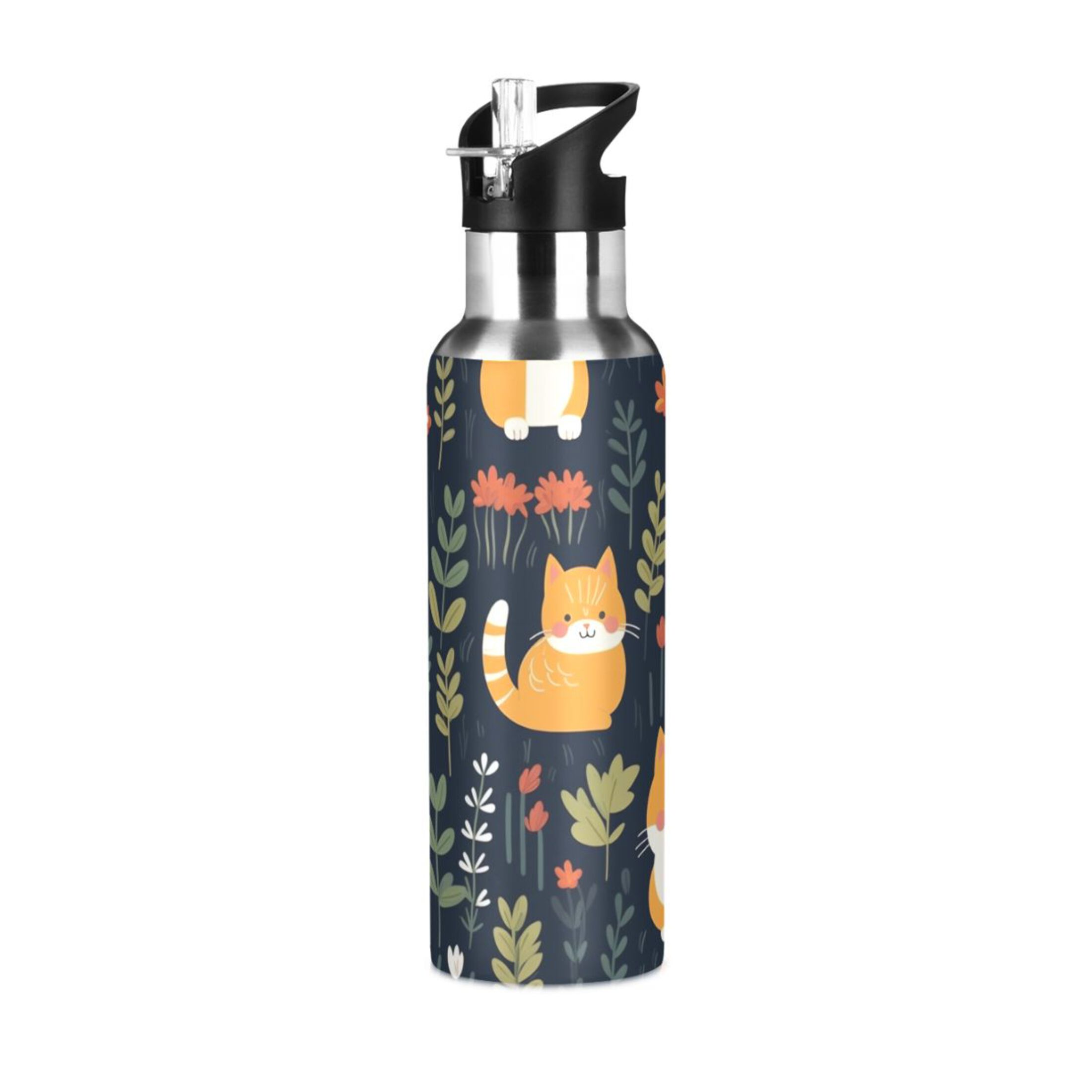 Cartoon Cat and Leaves Water Bottles Kids Insulated Thermos Stainless ...