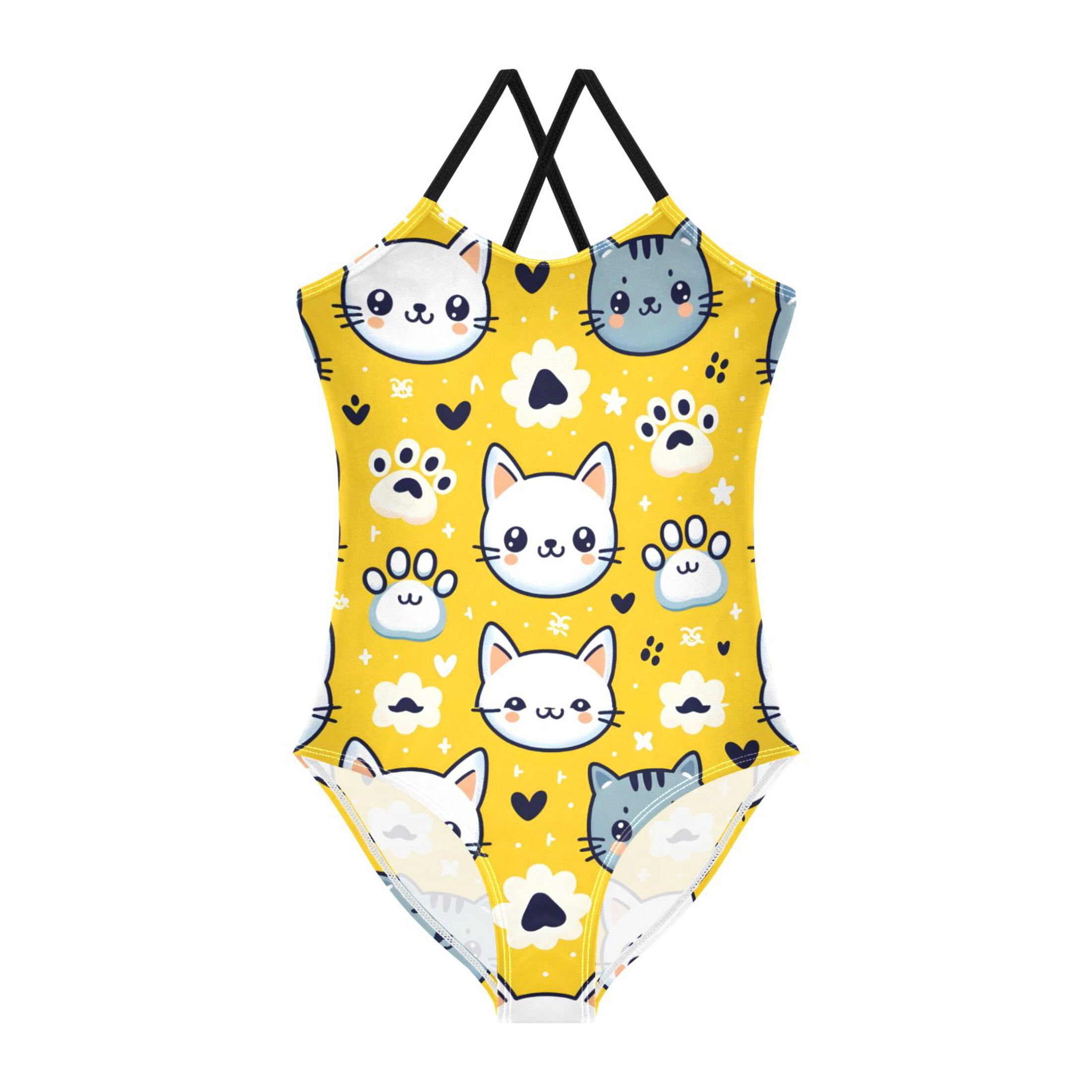 Cartoon Cat and Paw Girls' One-Piece Swimwear 3T-10T Soft Stretchy for ...
