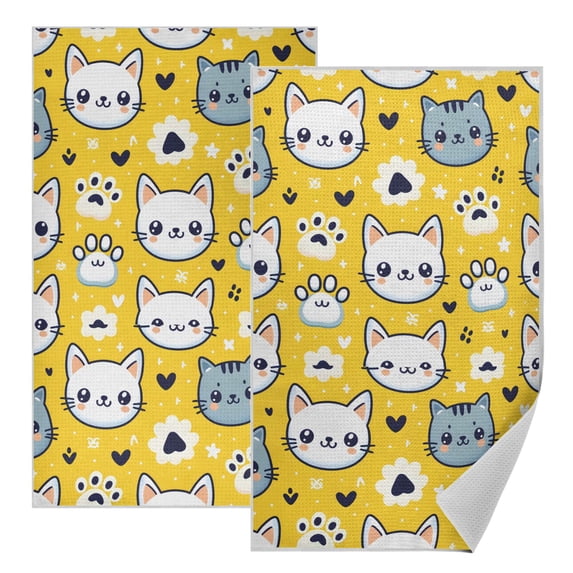 Cartoon Cat and Paw Waffle Kitchen Towels 18x30 in Soft Absorbent Quick ...