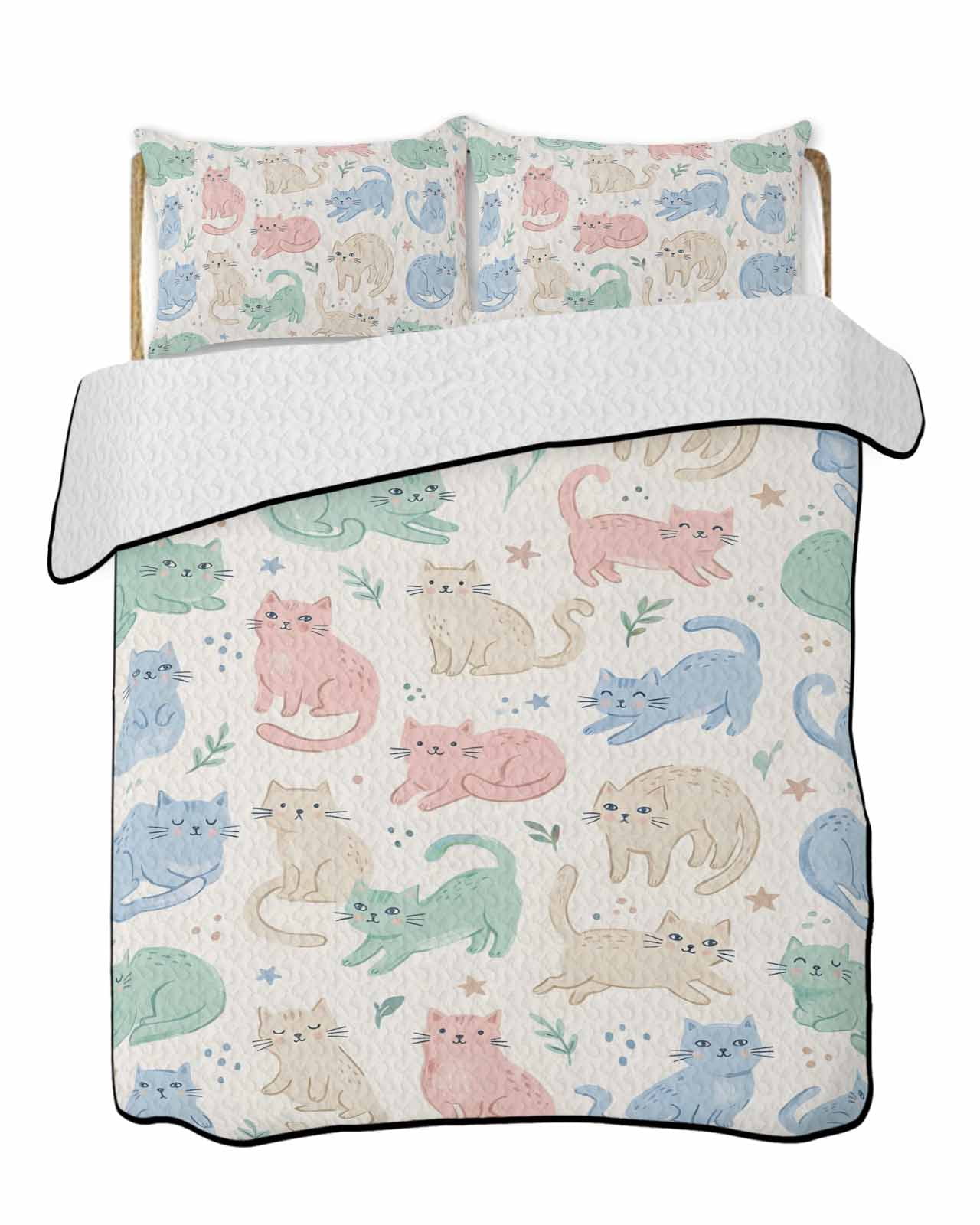 Cartoon Cats 3 Piece Quilt Bedding Set with 2 Pillow Shams, Pink Blue ...