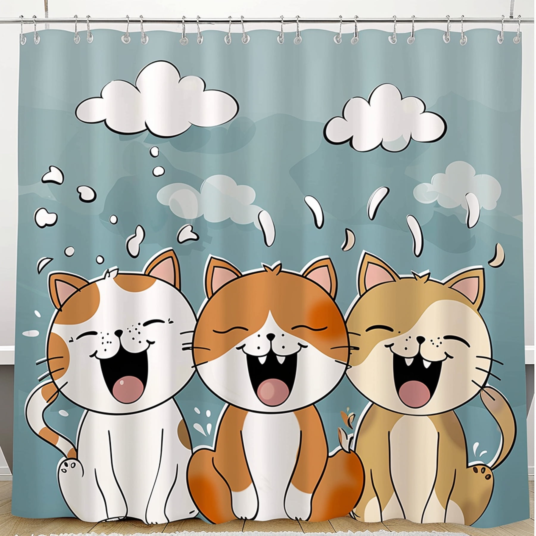 Cartoon Cats Bathroom Curtain Cute Cat Design with Light Blue ...