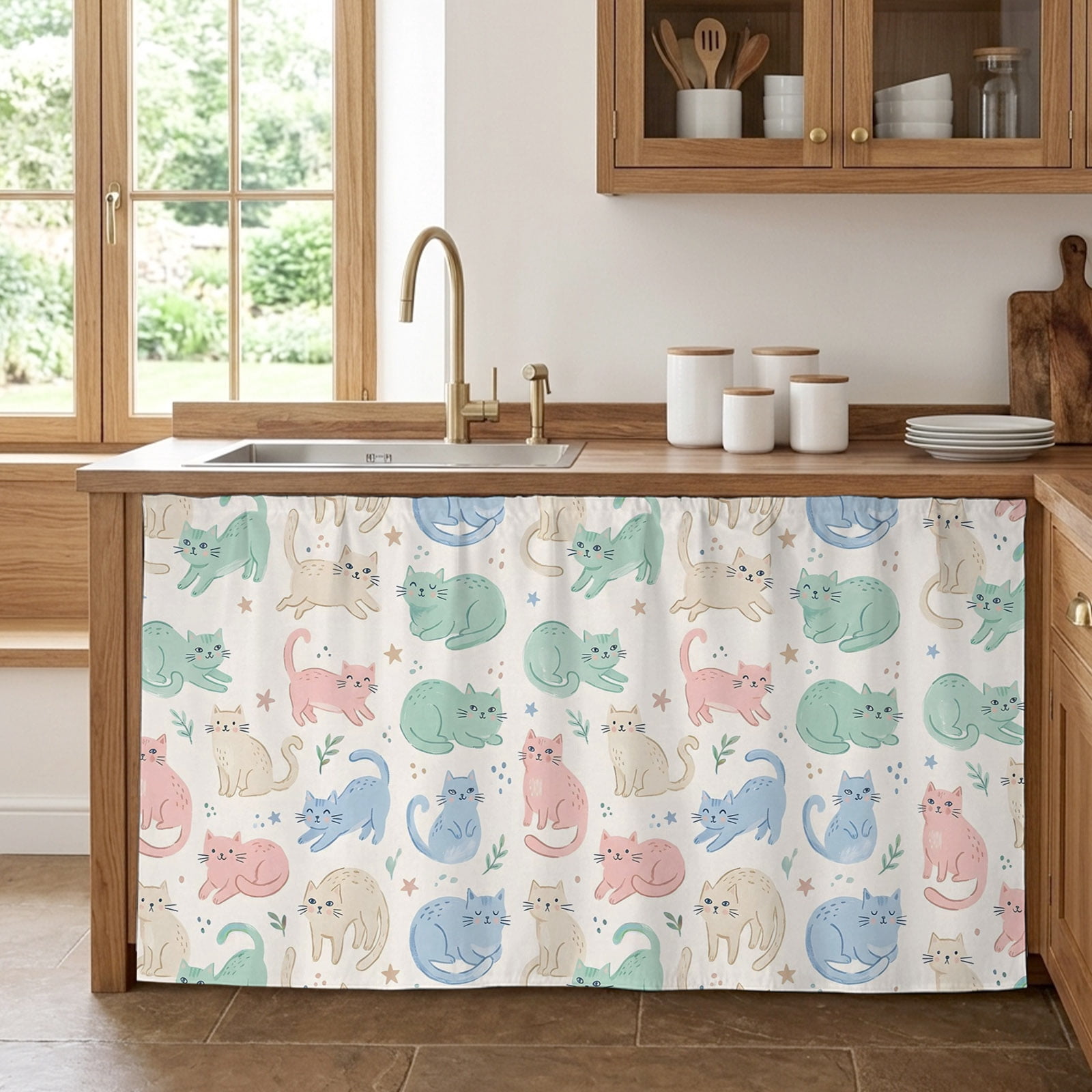 Cartoon Cats Cabinet Curtains 32" W x 55" L Pink Blue Green Cat Animals ...