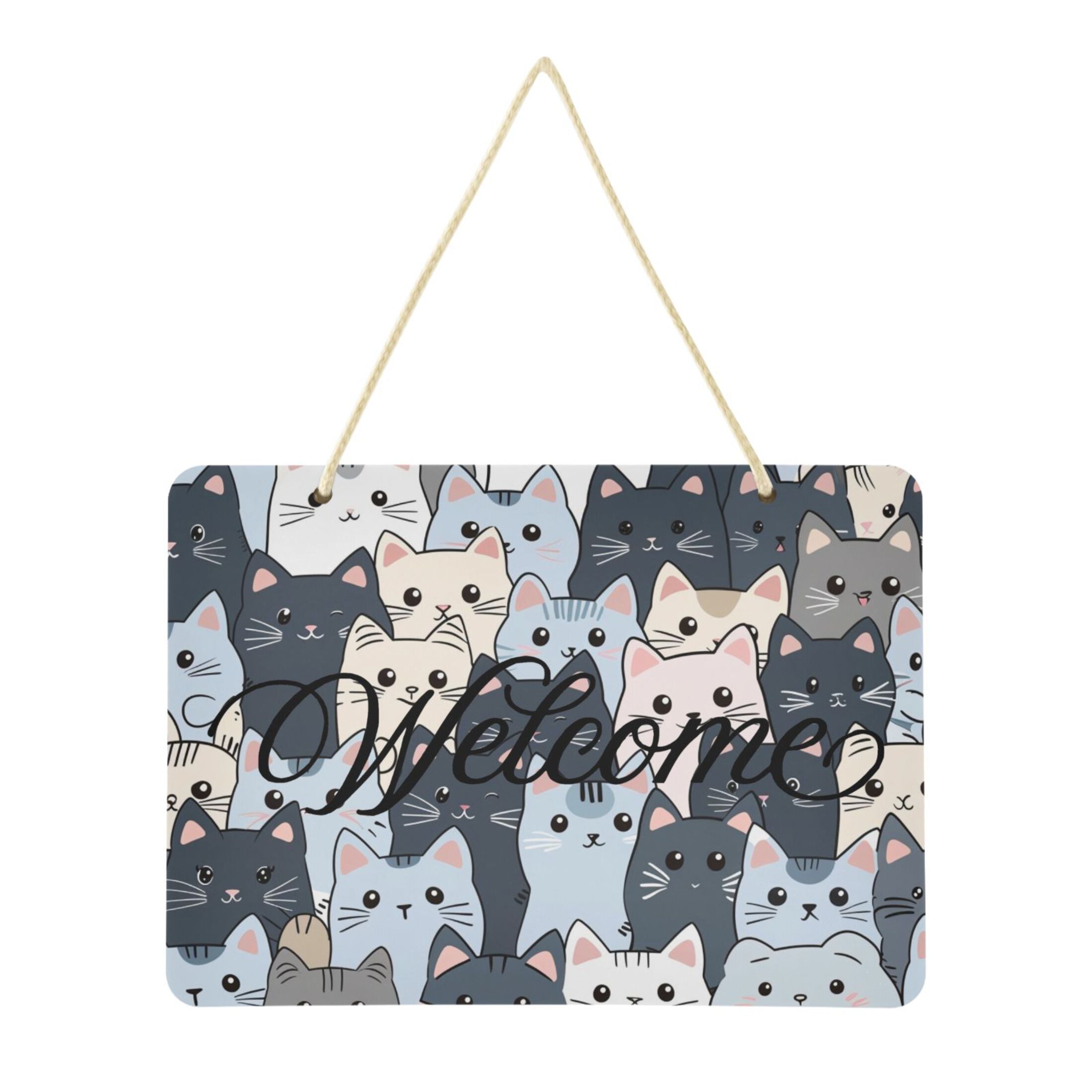 Cartoon Cats Face Welcome Sign Front Door PVC 14x10 inch Hanger Hello ...