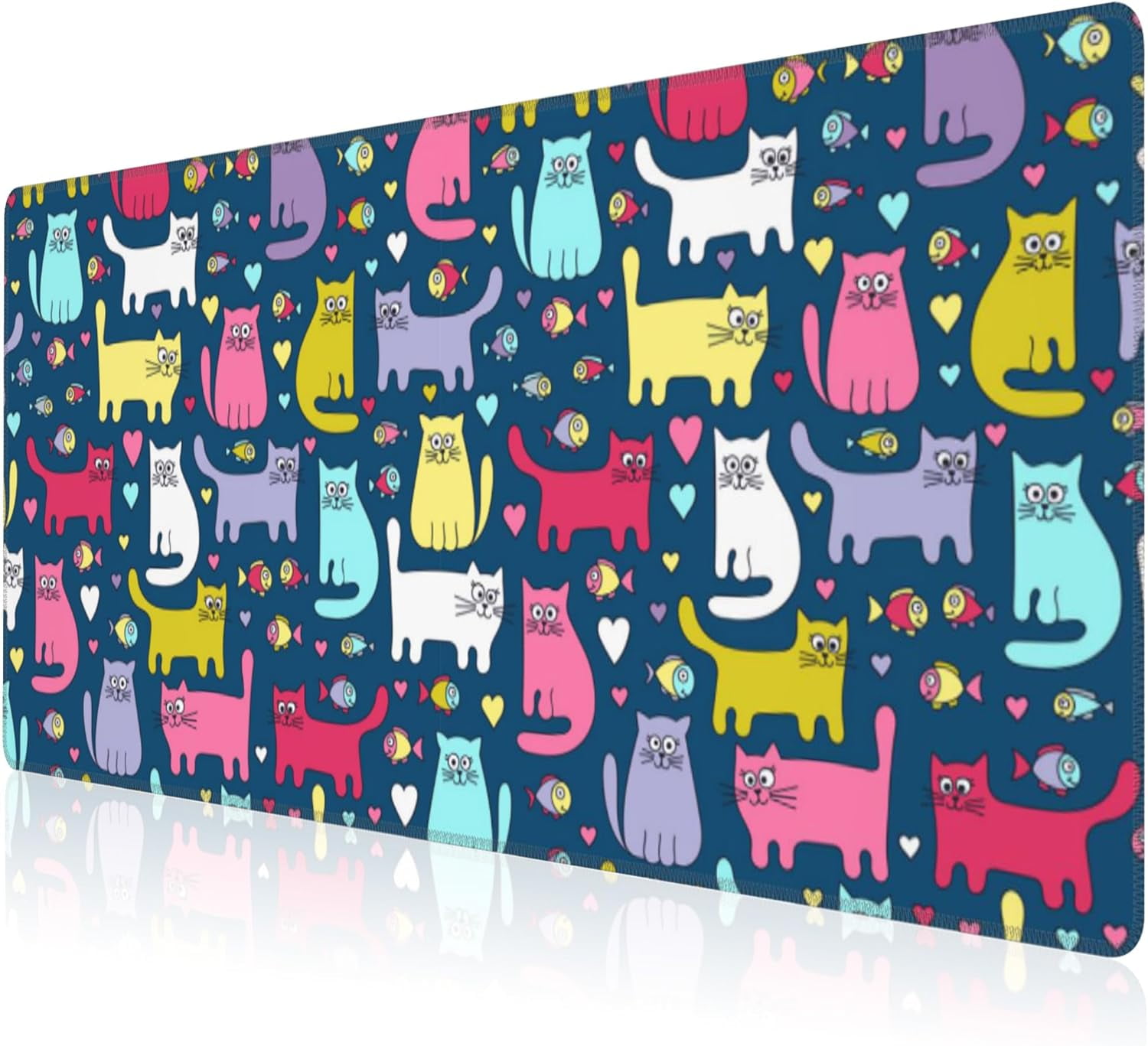 Cartoon Cats and Fish Desk Mat,Large Funny Doodle Kittens Gaming ...