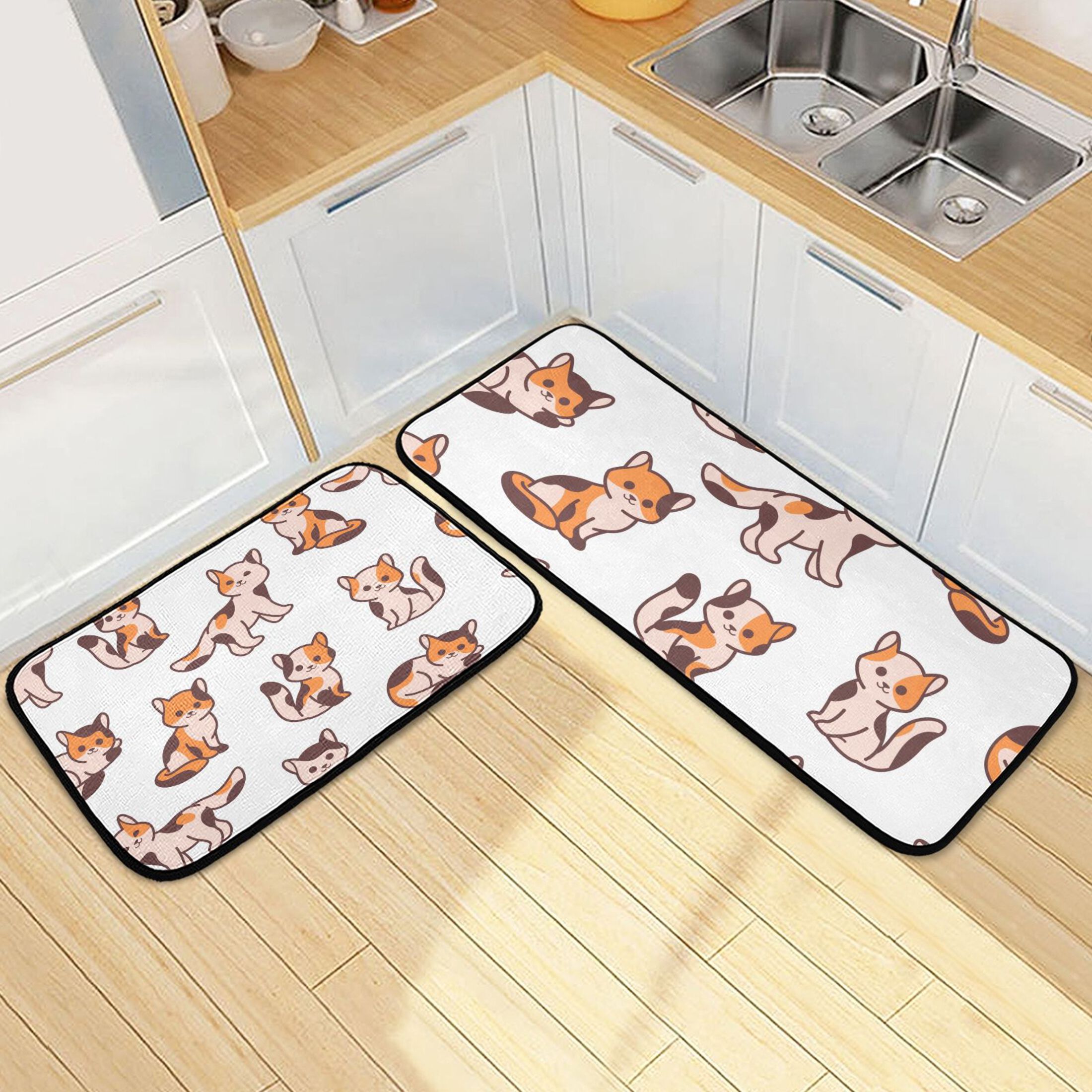 Cartoon Cats Kitchen Rugs Set of 2 Non Slip Floor Foam Mat Cushioned ...