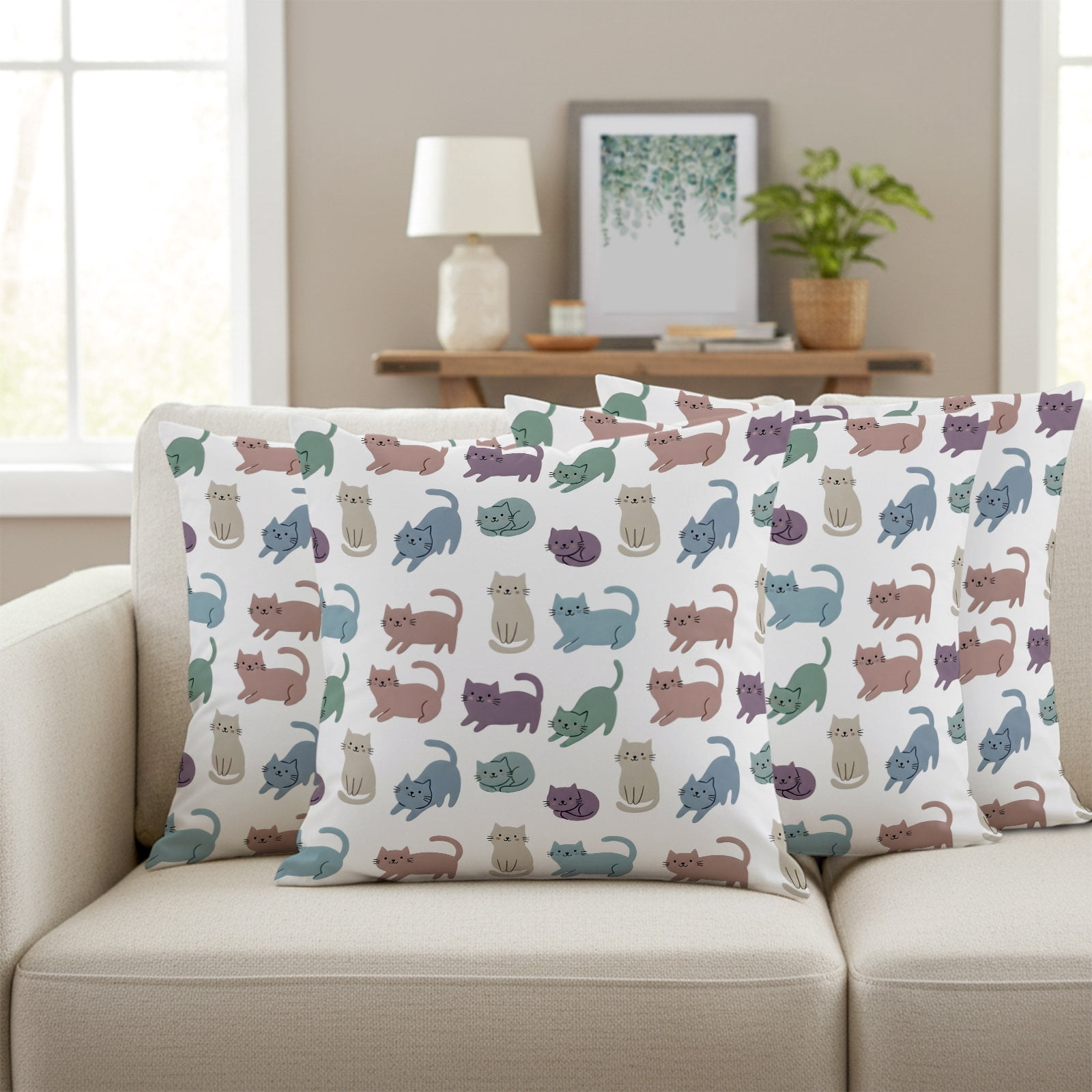 Cartoon Cats Pillow Covers Set of 4, Blue Green Purple Cat Simple ...