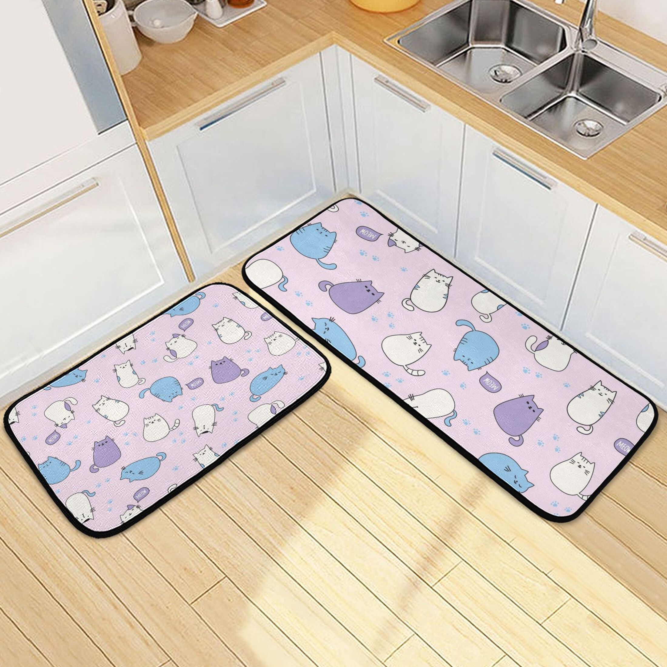 Cartoon Cats Pink Kitchen Rugs Set of 2 Non Slip Floor Foam Mat ...