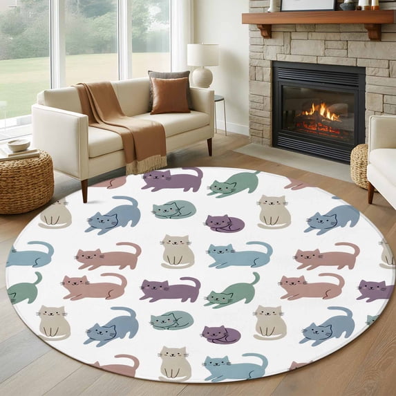 Cartoon Cats Round Area Rug 7Ft Washable Circle Rugs for Dorm Laundry ...